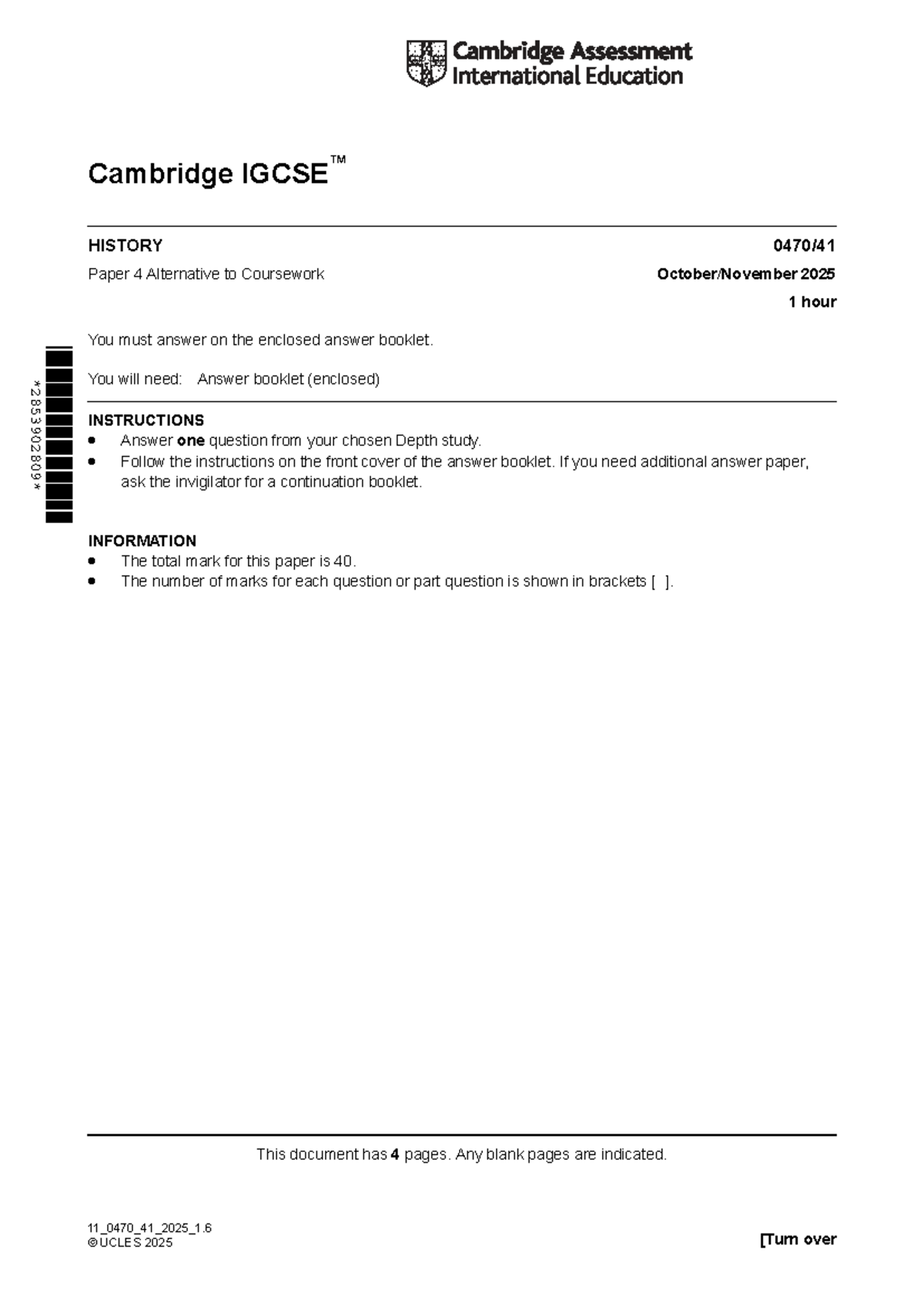 Cambridge IGCSE HISTORY 0470 Paper 4 Alternative to Coursework 2025 ...