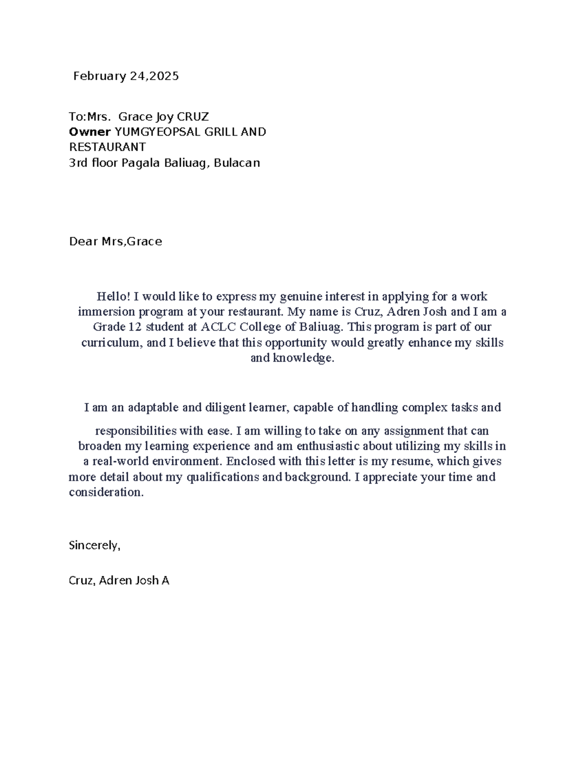 Grade 12 Work Immersion Application Letter to YUMGYEOPSAL GRILL - Studocu