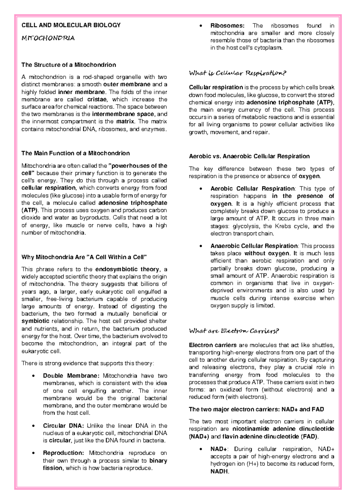 CELL AND MOLECULAR BIOLOGY: Mitochondria and Cellular Respiration Notes ...
