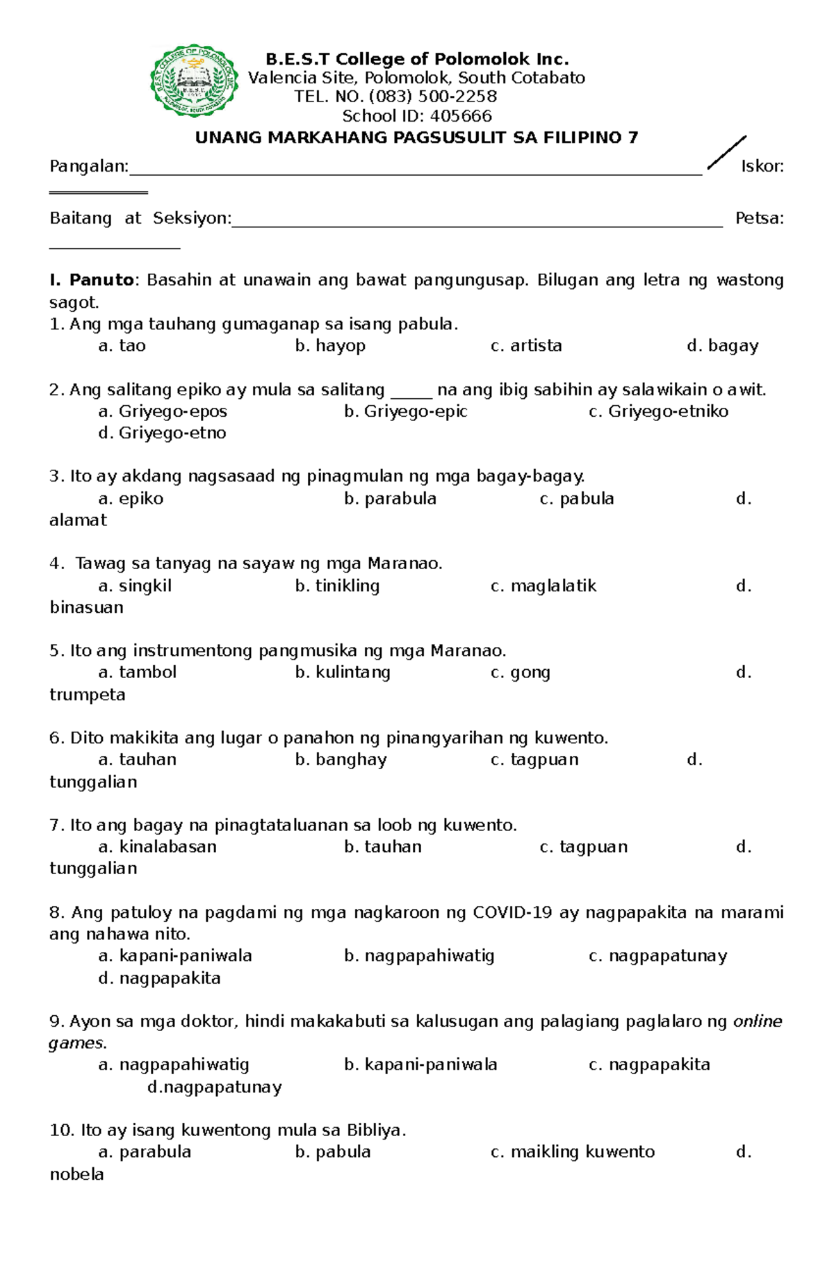 Unang Markahang Pagsusulit sa Filipino 7 - Test Paper Samples - Studocu