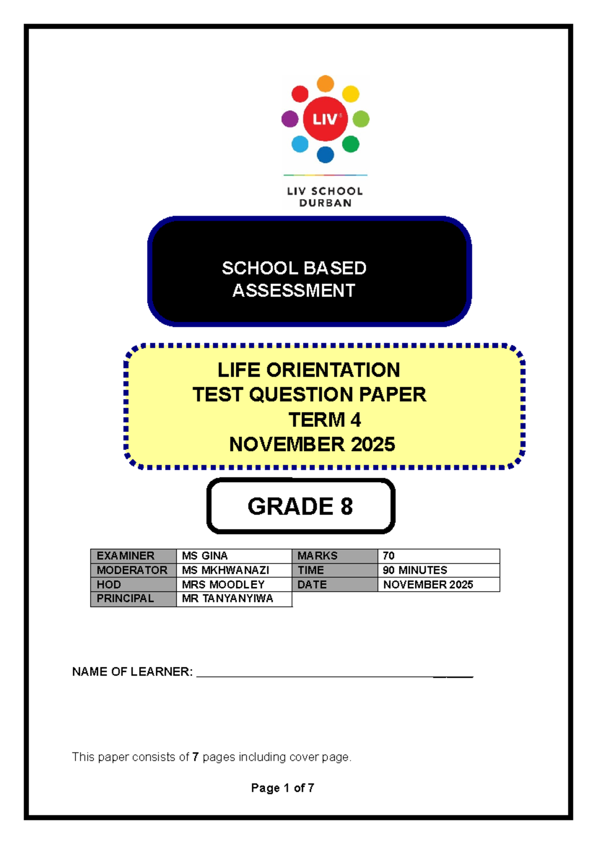 LO Grade 8 Term 4 Assessment Question Paper - November 2025 - Studocu