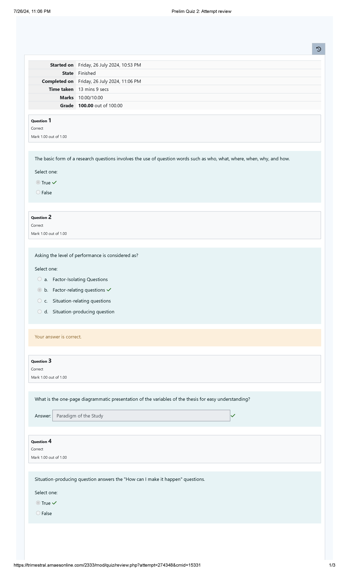 Prelim Quiz 2: Thesis Writing Attempt Review and Answers - Studocu