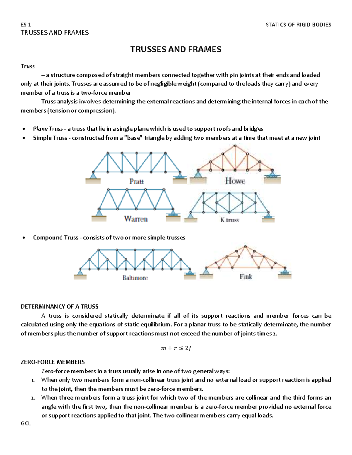 ES 1 STATICS OF RIGID BODIES: Trusses and Frames Overview - Studocu