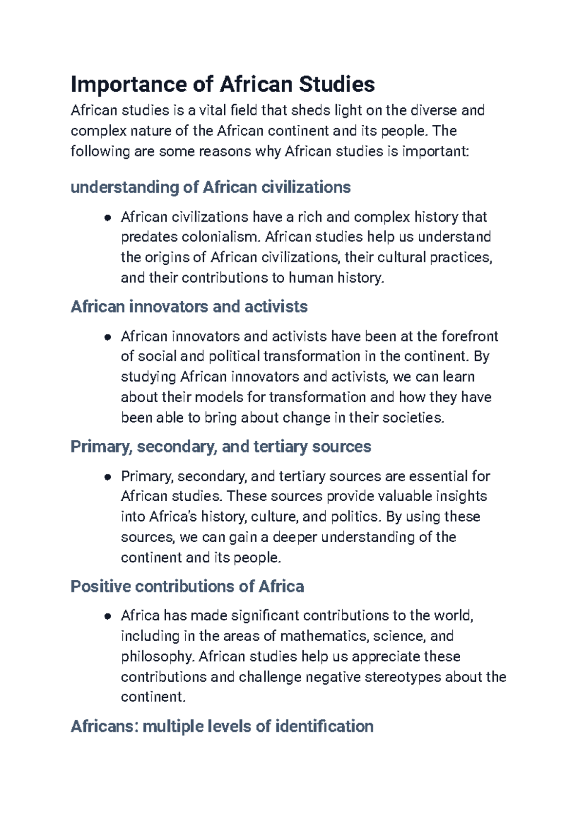 **Final Exam: Importance of African Studies (AFS 101)** - Studocu