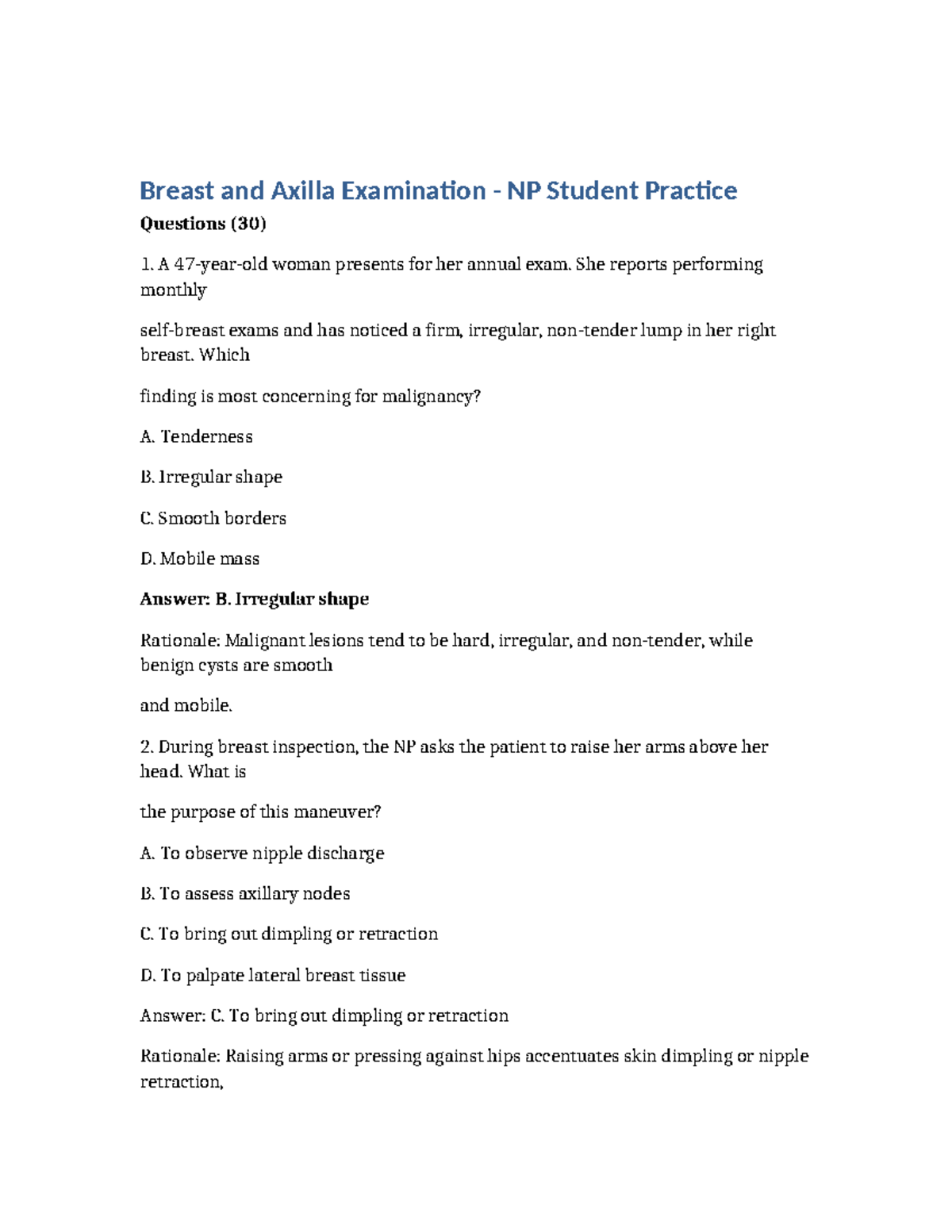 Breast and Axilla Examination NP Student Practice Questions (Exam 2 ...