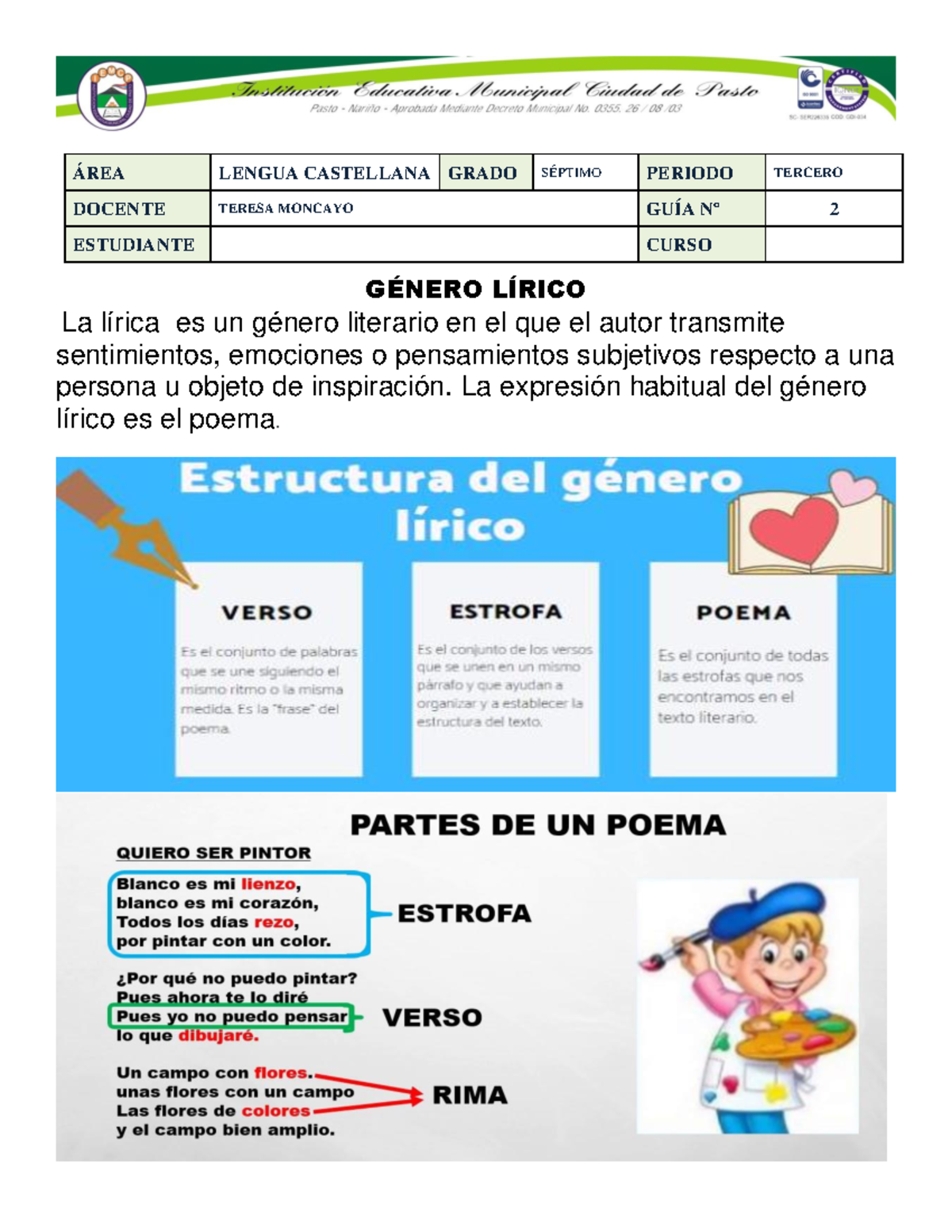 Guía de Género Lírico para Séptimo Grado - Lengua Castellana - Studocu