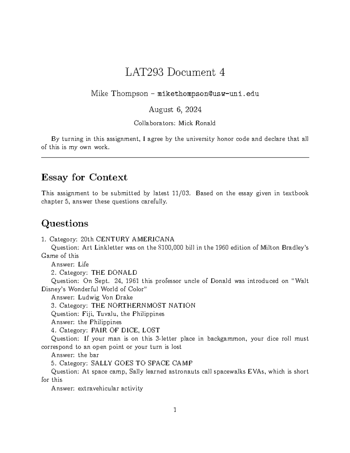 LAT293 Essay Notes: 20th Century Americana & Trivia Questions - Studocu