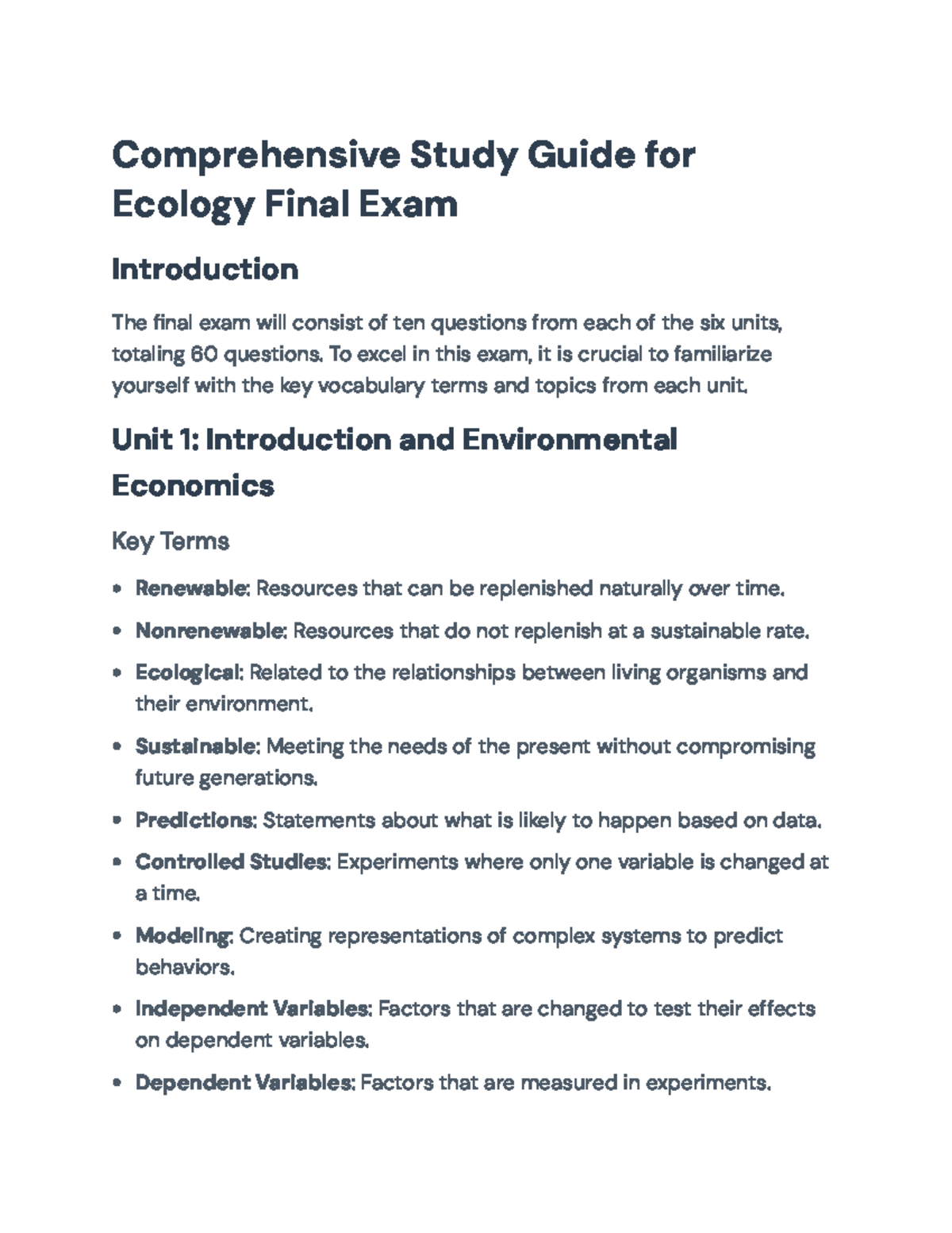 Comprehensive Study Guide for Ecology Final Exam (Course Code: ECO 101 ...