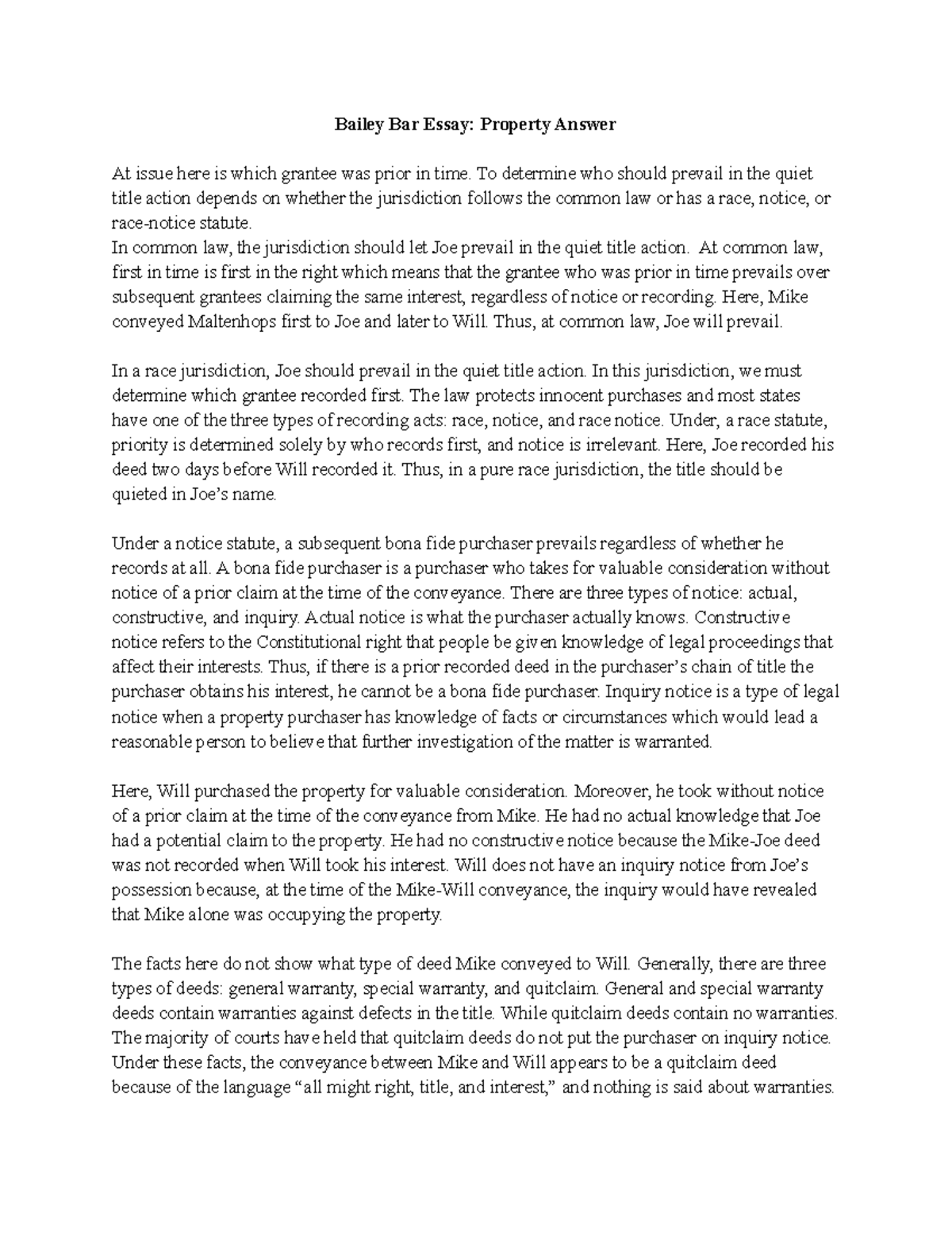 Bailey Bar Essay (Property): Analysis of Quiet Title Actions - Studocu