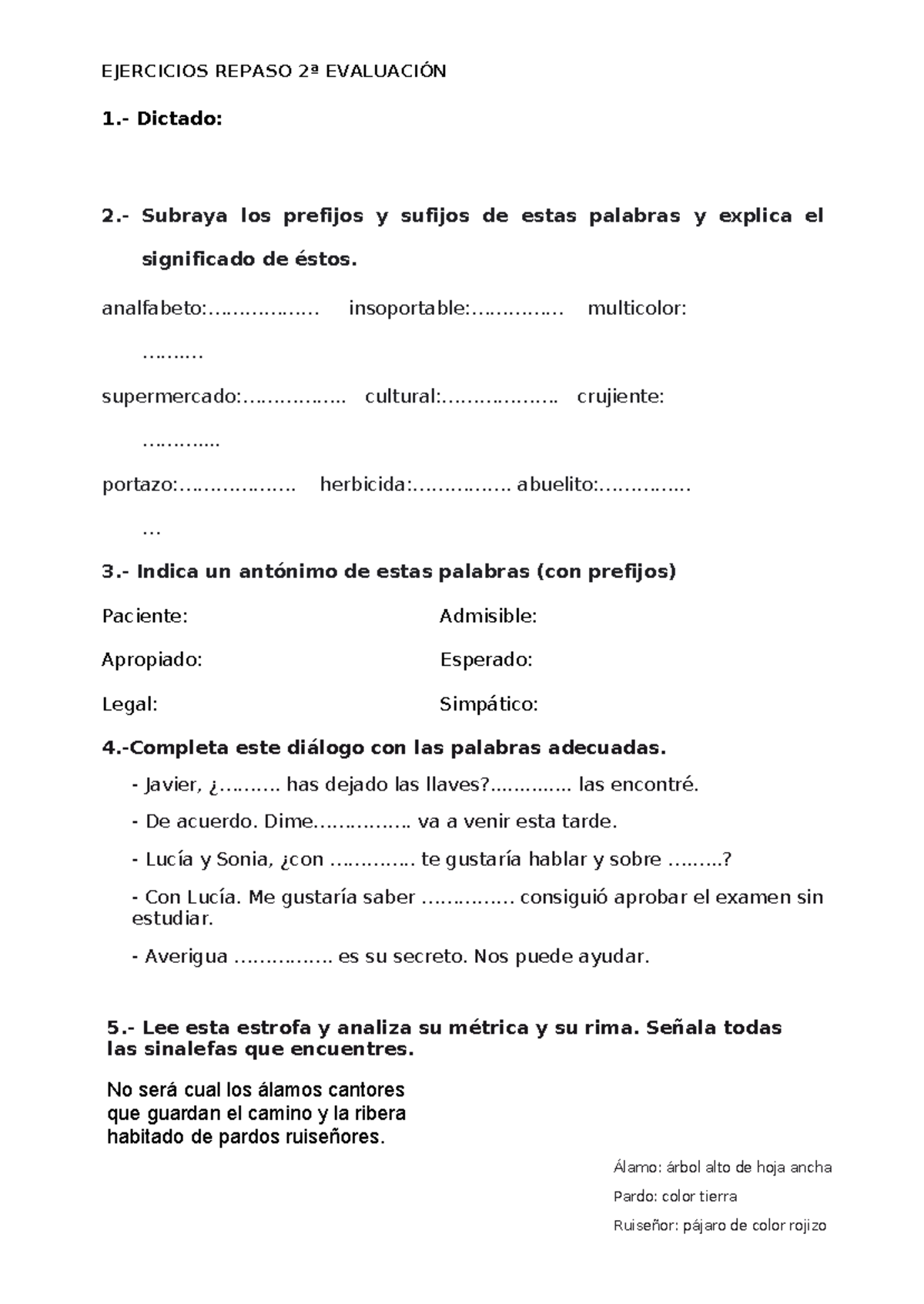 Repaso Lengua 2ª Evaluación: Ejercicios de Prefijos y Sufijos - Studocu