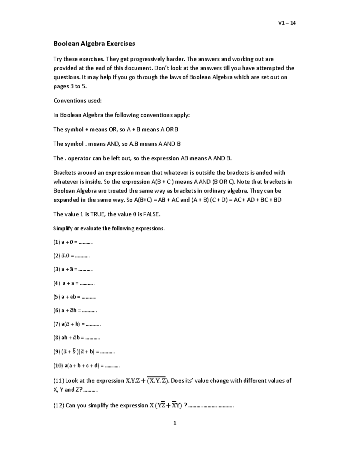 Boolean Algebra Exercises with Answers - Comprehensive Guide - Studocu
