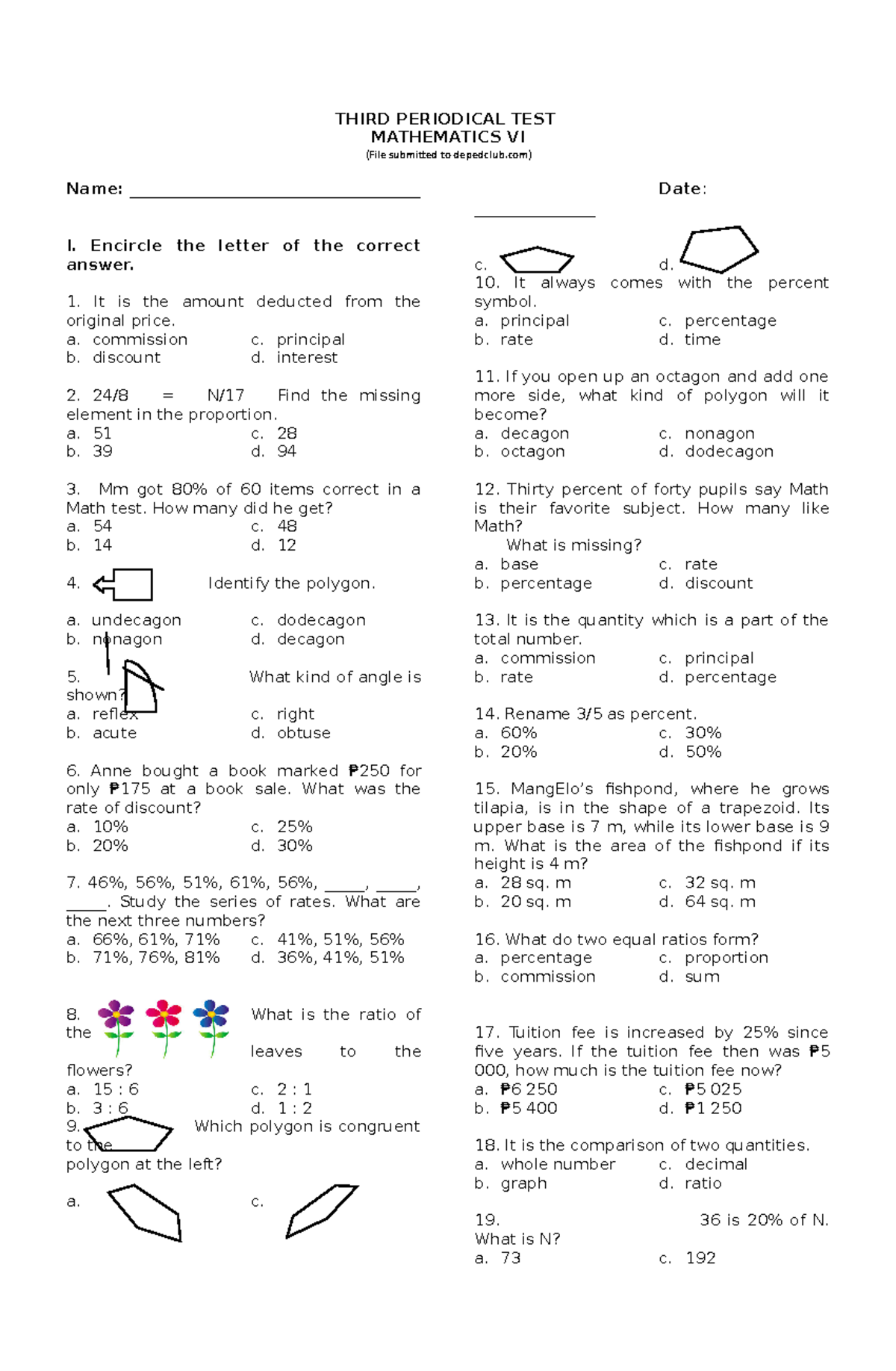 Third Periodical TEST IN MATH 6 - THIRD PERIODICAL TEST MATHEMATICS VI ...