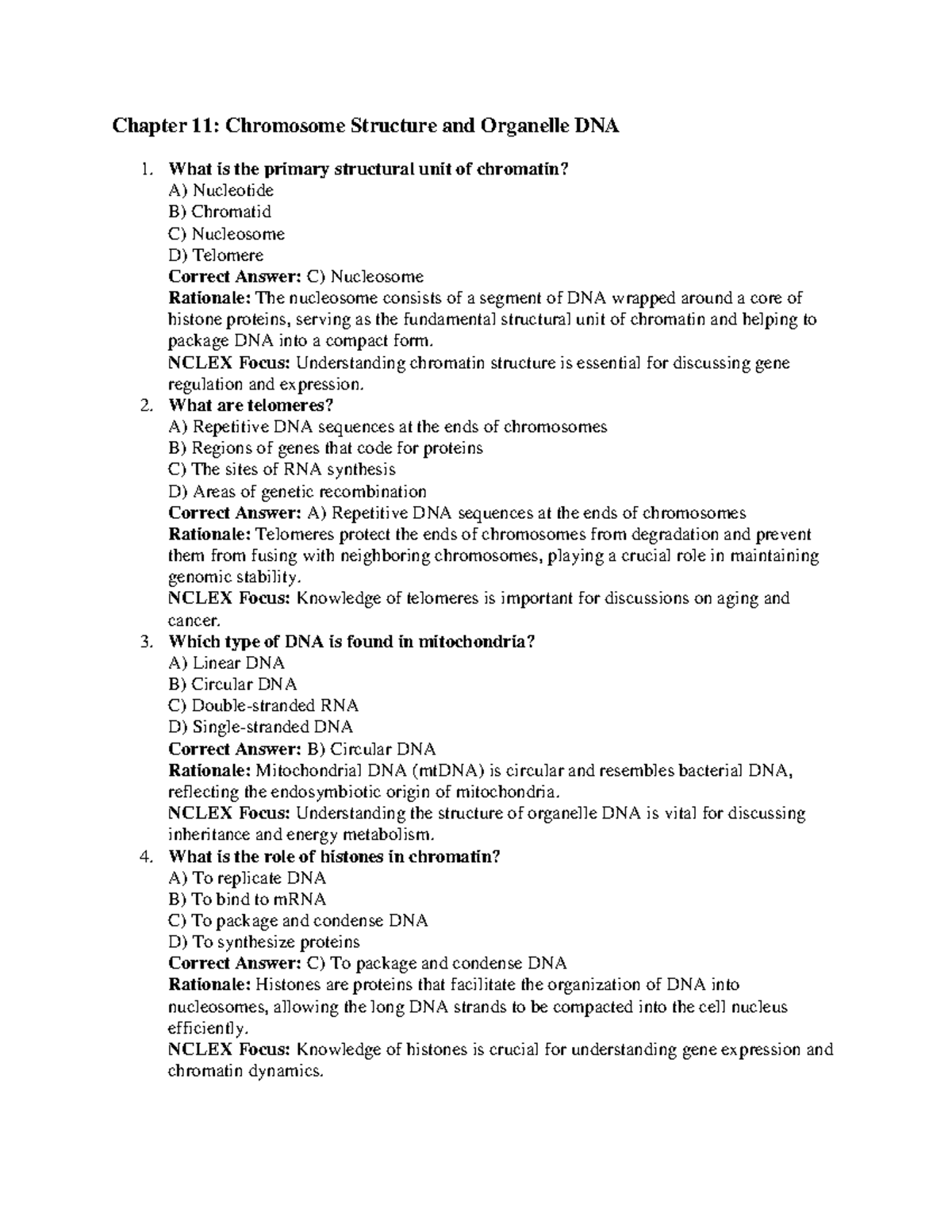 Chapter 11: Chromosome Structure & Organelle DNA - Genetics Test Bank ...