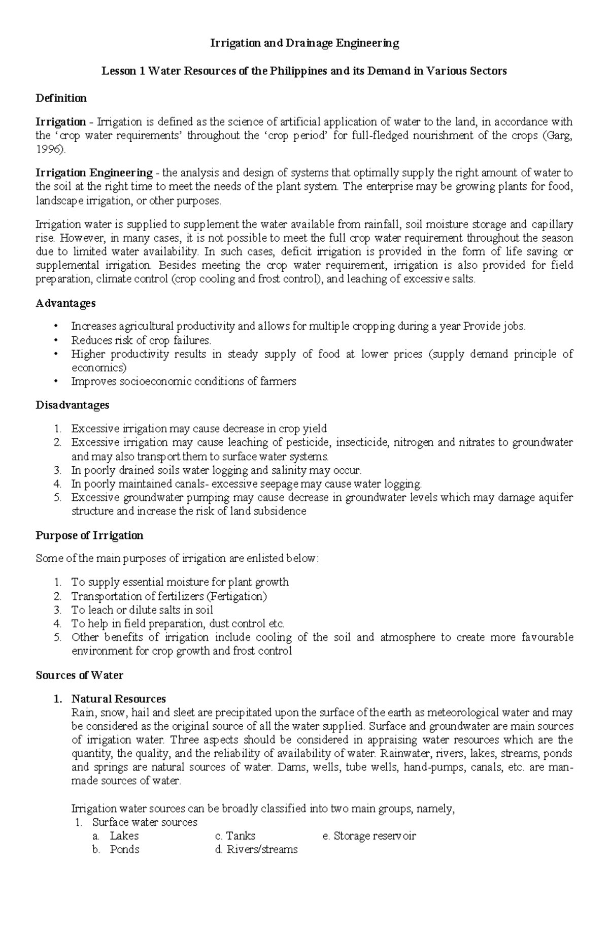 Lesson 1-15: Irrigation and Drainage Engineering Overview - Studocu