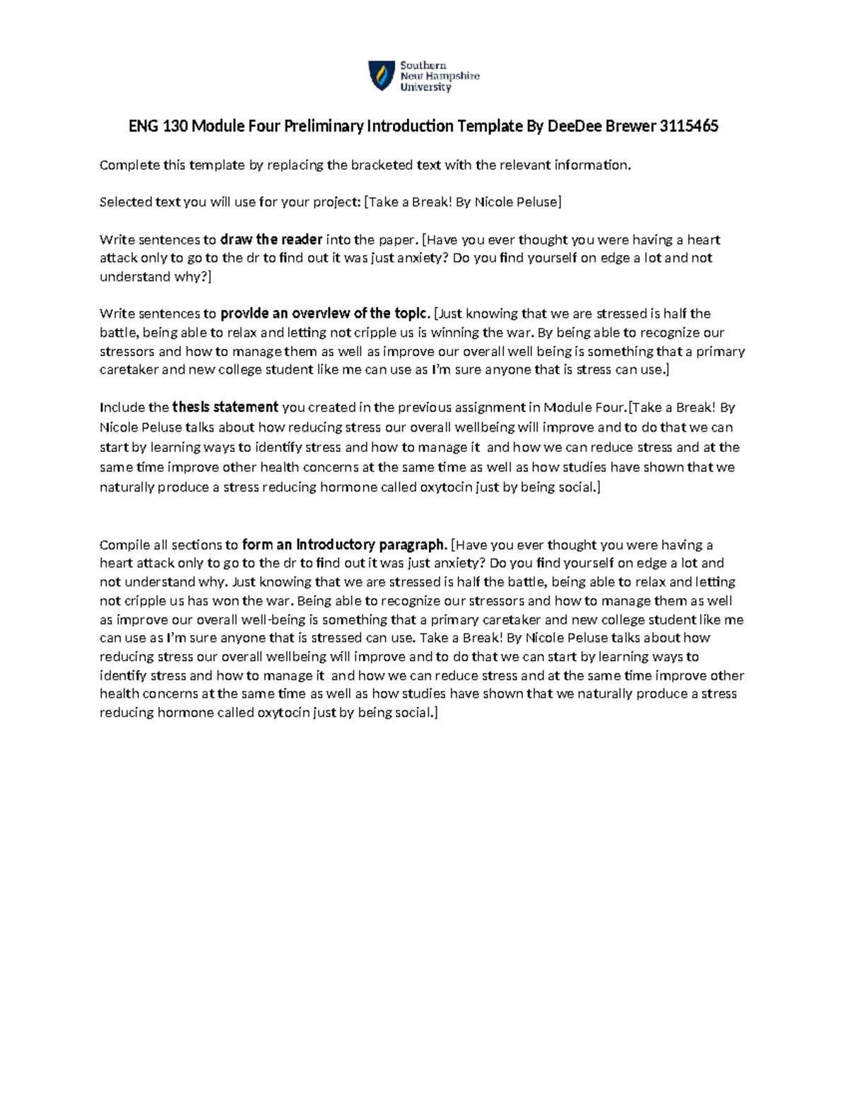ENG 130 Module Four Introductory Paragraph on Stress Management - Studocu