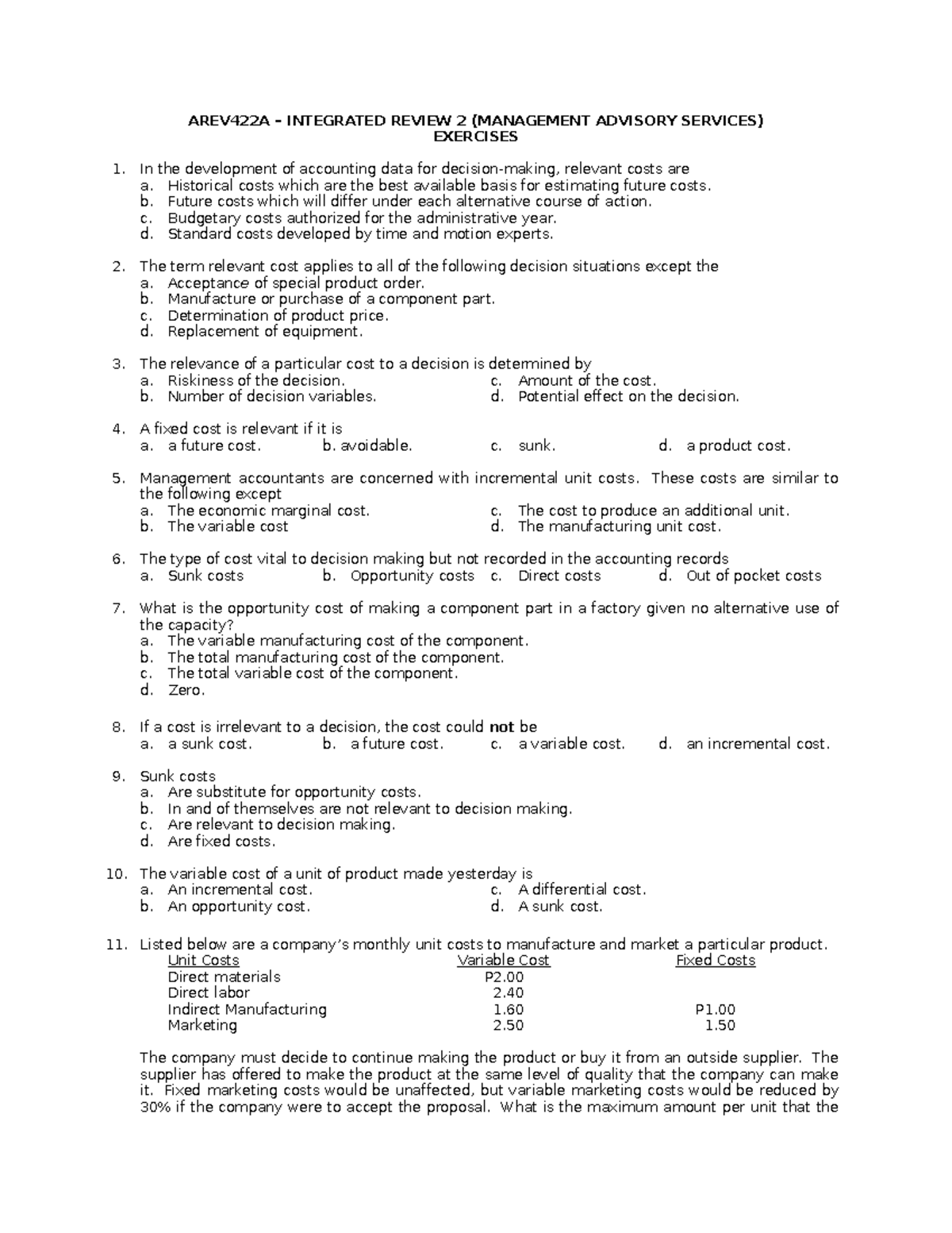 Relevant Costing MAS - exercises - AREV422A – INTEGRATED REVIEW 2 ...