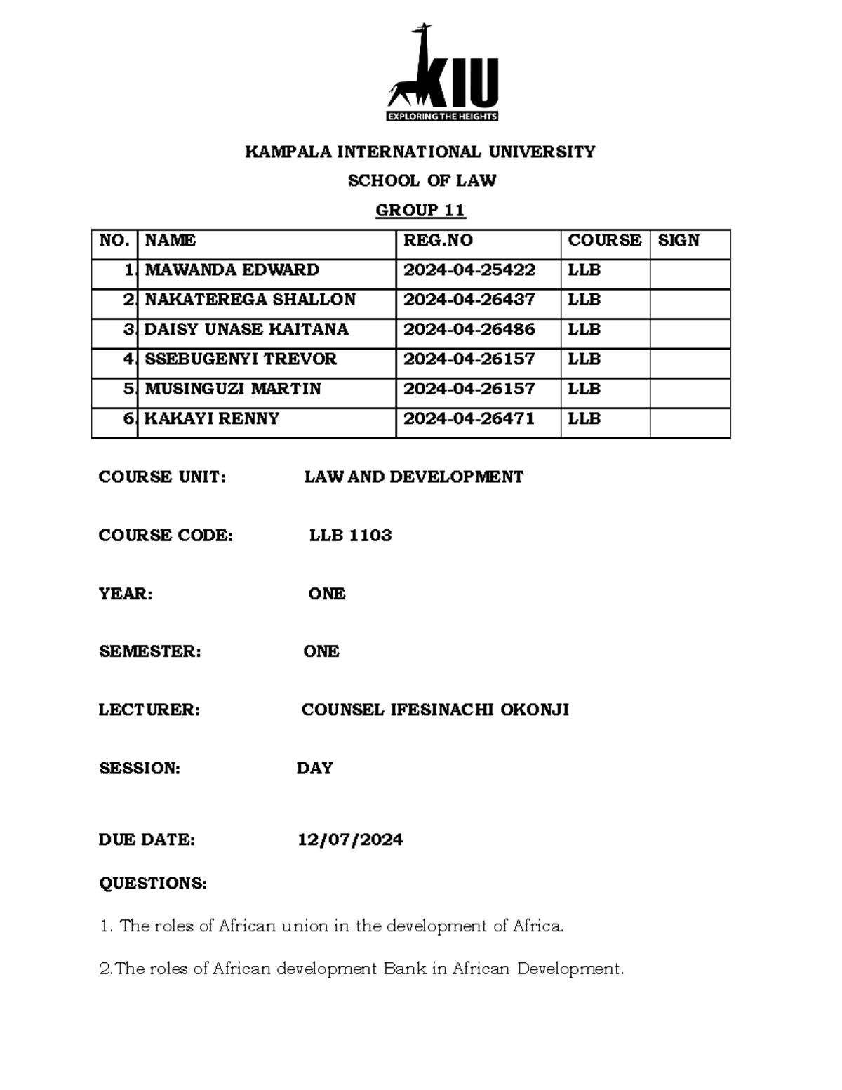 LLB 1103 Midterm: The Role of Law in Africa's Development - Studocu