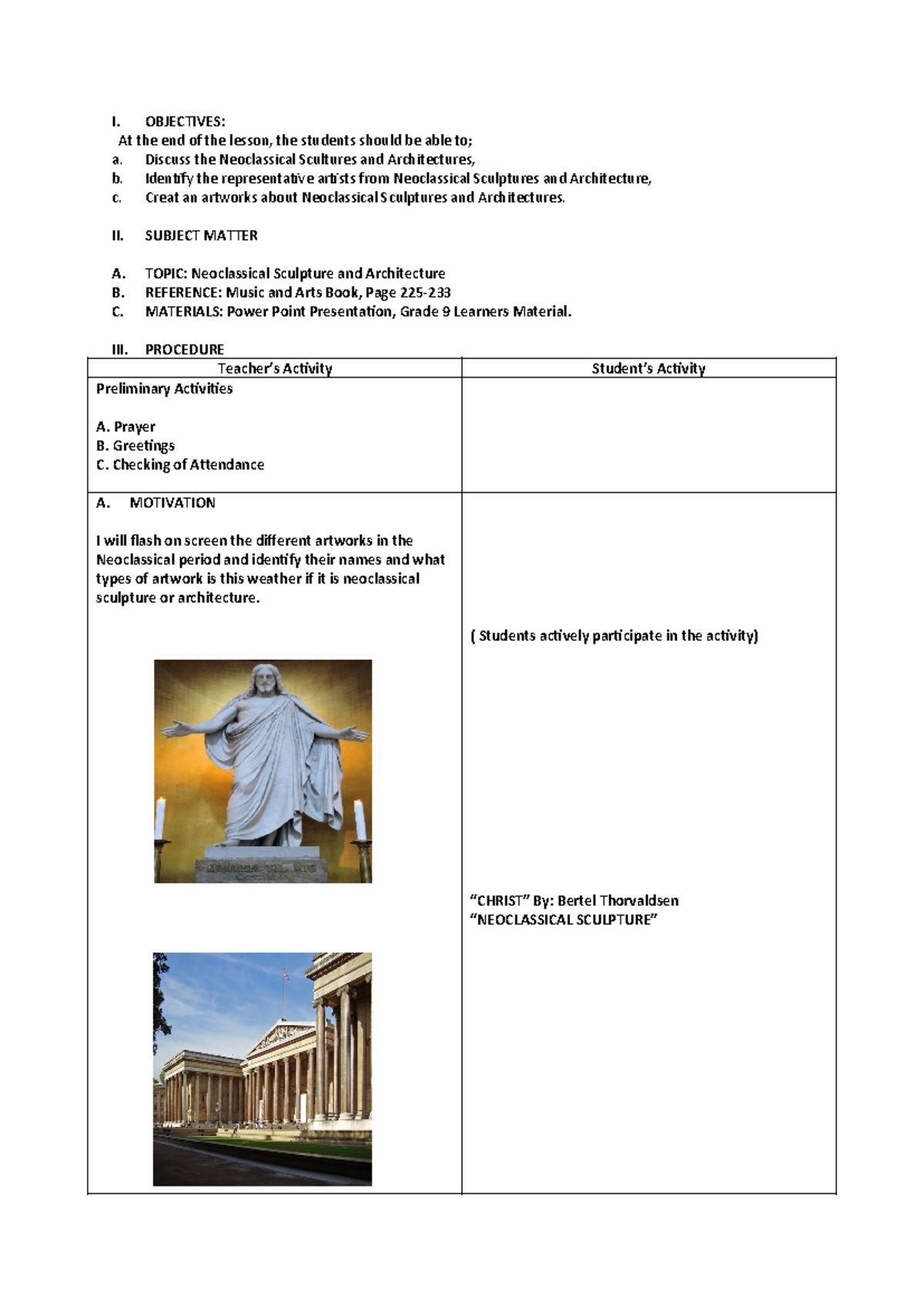Neoclassical Arts 9 Lesson Plan: Sculptures & Architecture Insights ...