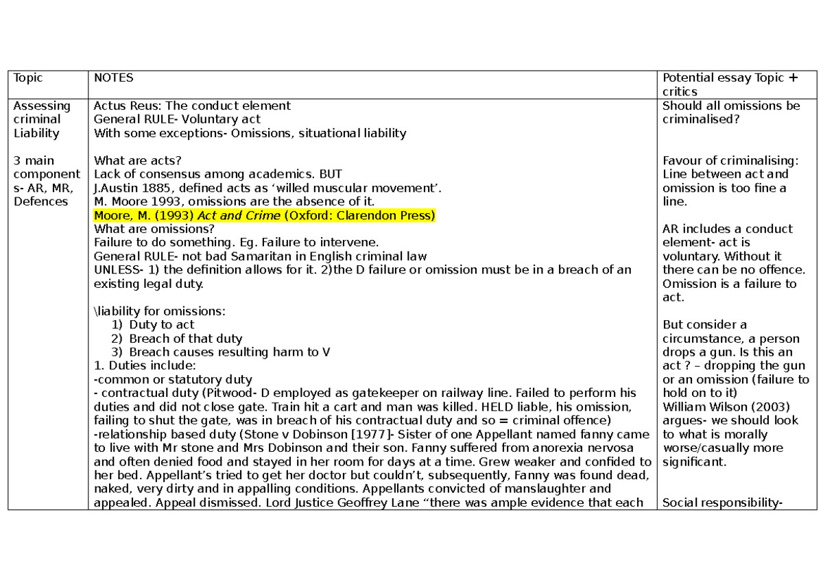 Criminal Law (CL101): Assessing Criminal Liability - Actus Reus & Mens ...