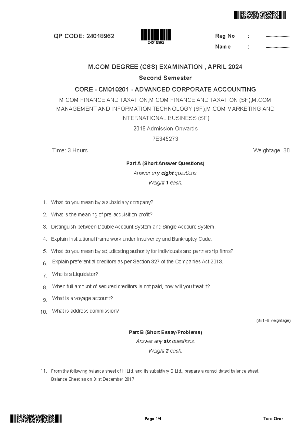 M.COM 2nd Sem QP: Advanced Corporate Accounting (CM010201) 2024 - Studocu
