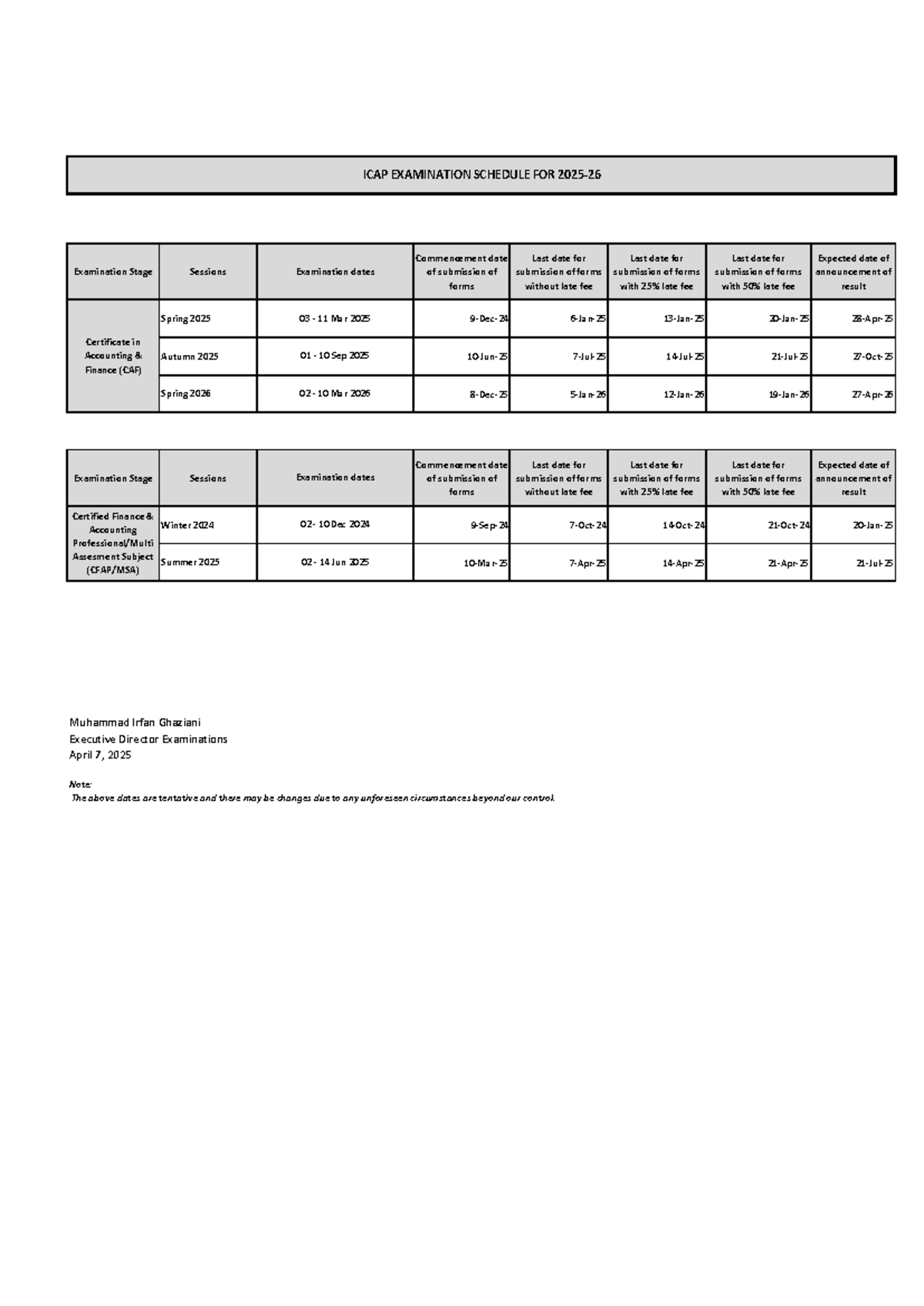 ICAP examination schedule for CAF examination stages 2025-26 - Studocu