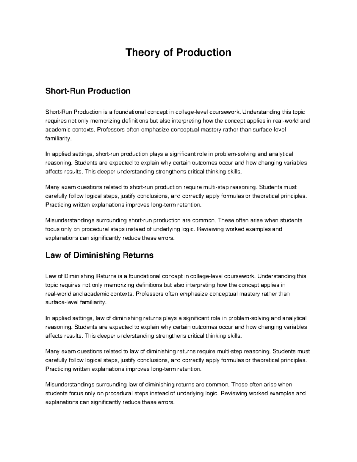Microeconomics: Detailed Theory of Production and Diminishing Returns ...