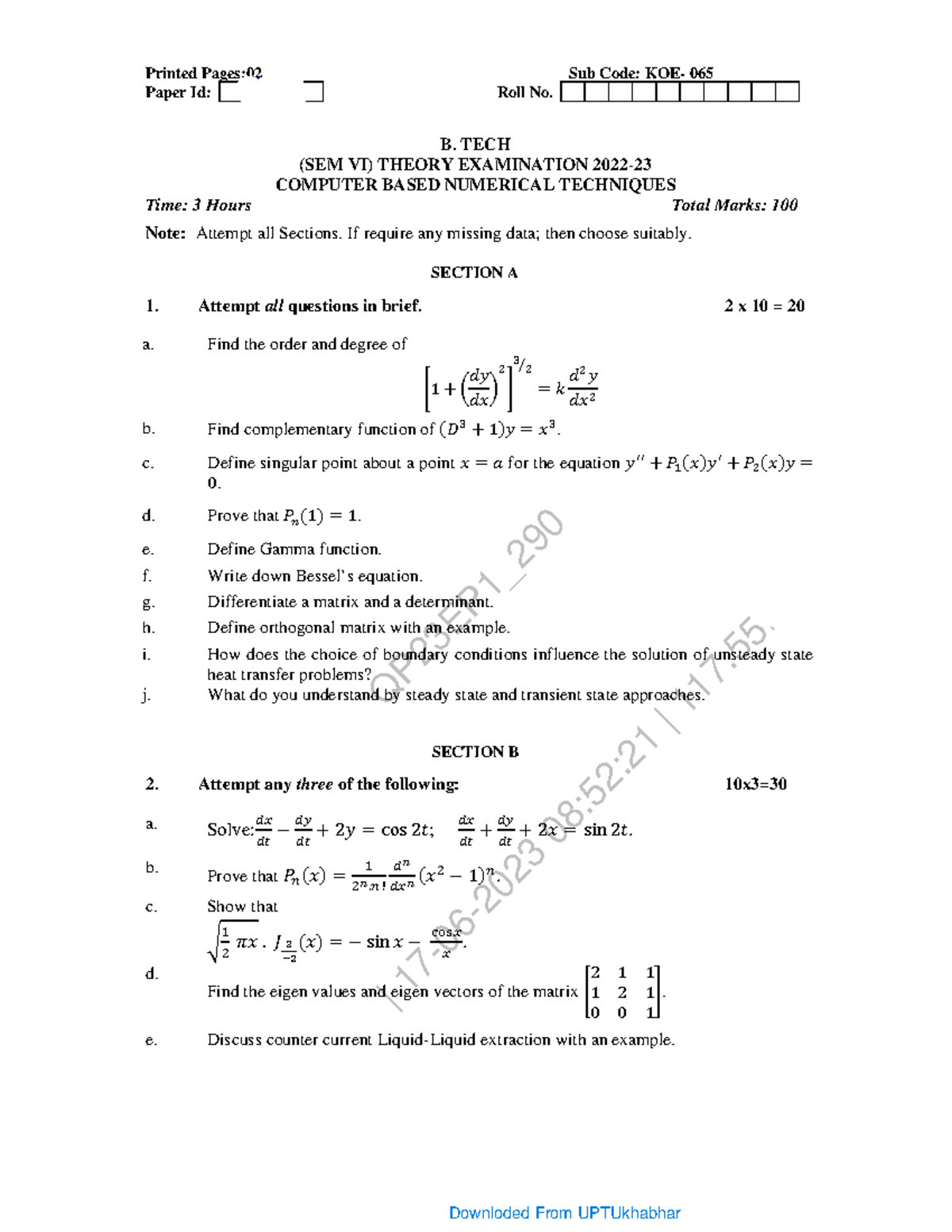 Computer Based Numerical Techniques Exam QP KOE 065 - B. Tech SEM VI - Studocu