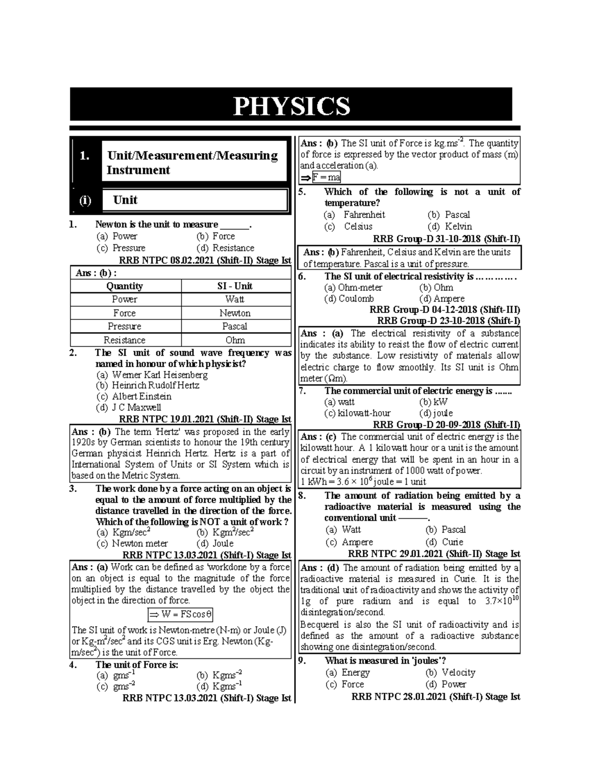 PHYSICS 1. Unit Measurements and Work Concepts - RRB PYQ - Studocu