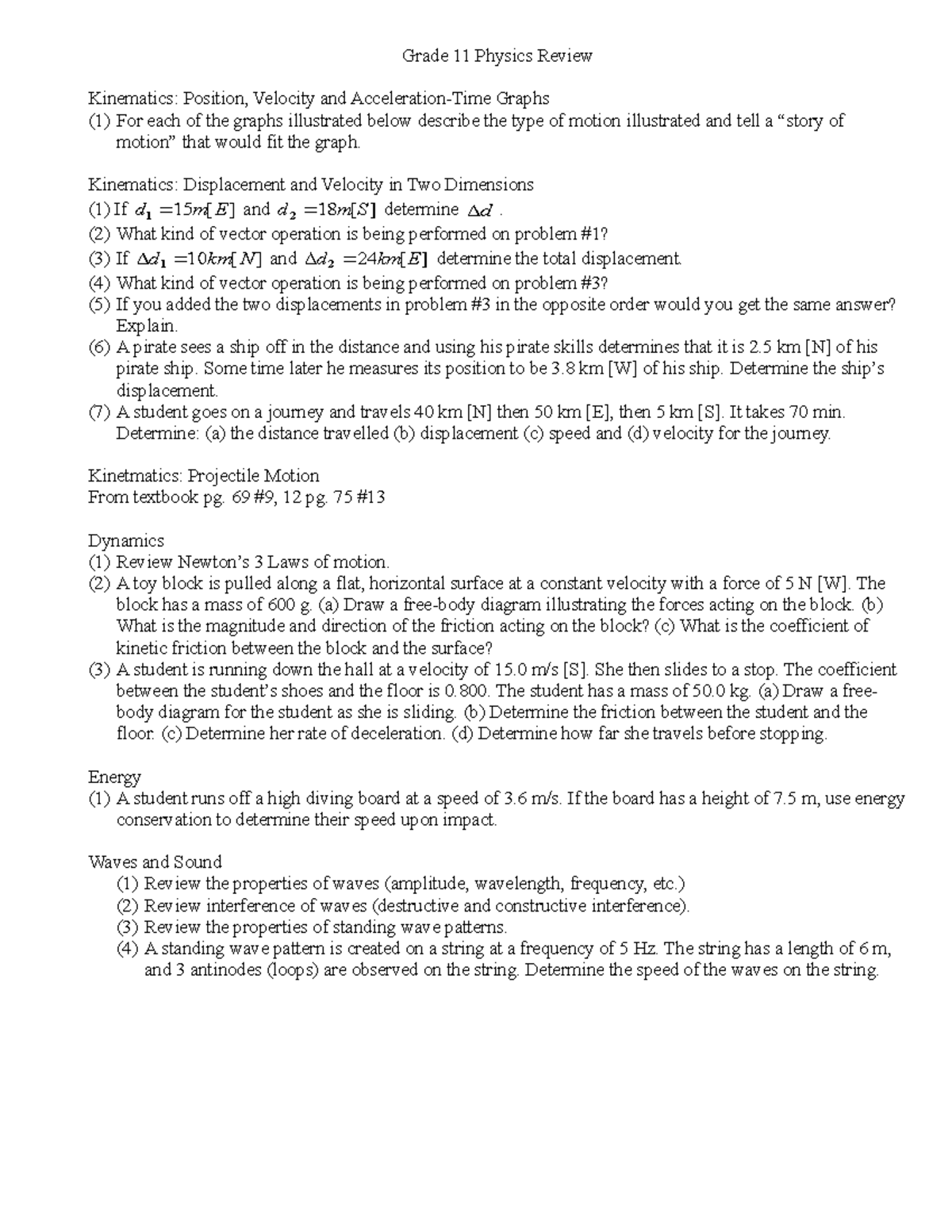 (1) Grade 11 Review - Notes - Grade 11 Physics Review Kinematics ...
