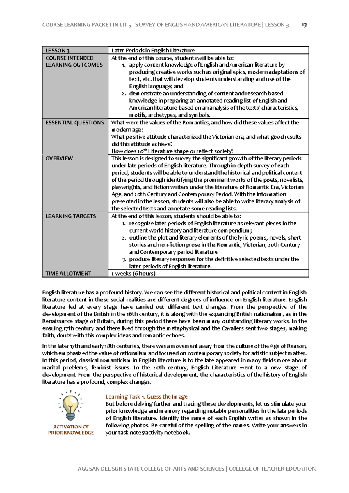 Course Learning Packet in Lit 5 (Lesson 3): English Literary Periods ...