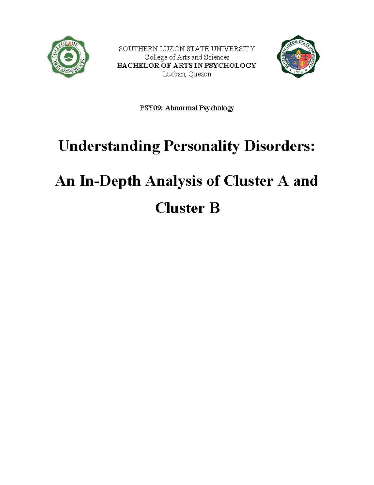 Personality Disorder Written Report - SOUTHERN LUZON STATE UNIVERSITY ...