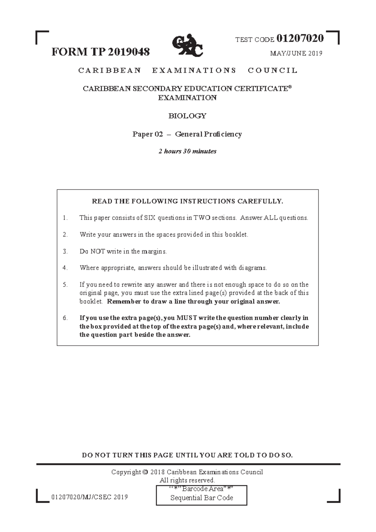 CSEC Biology P2 2019 - General Proficiency Exam Instructions ...