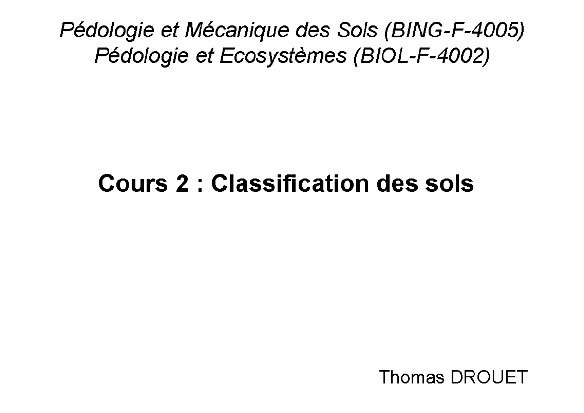 Bingf 4005, Biolf 4002 Cours 2 : Classification des Sols 2025 - Studocu