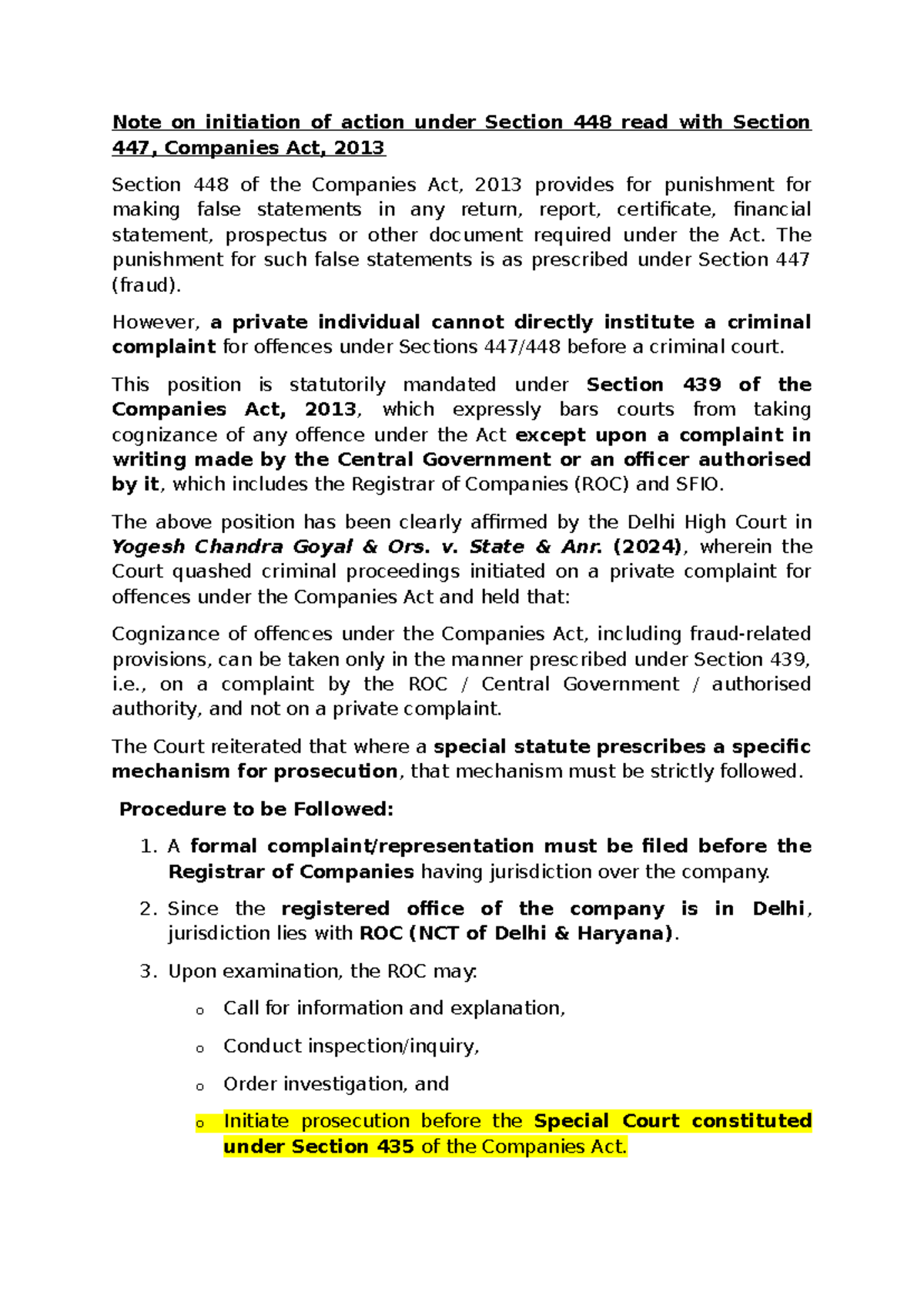 Note on Action Initiation under Sec 448 & 447, Companies Act 2013 - Studocu