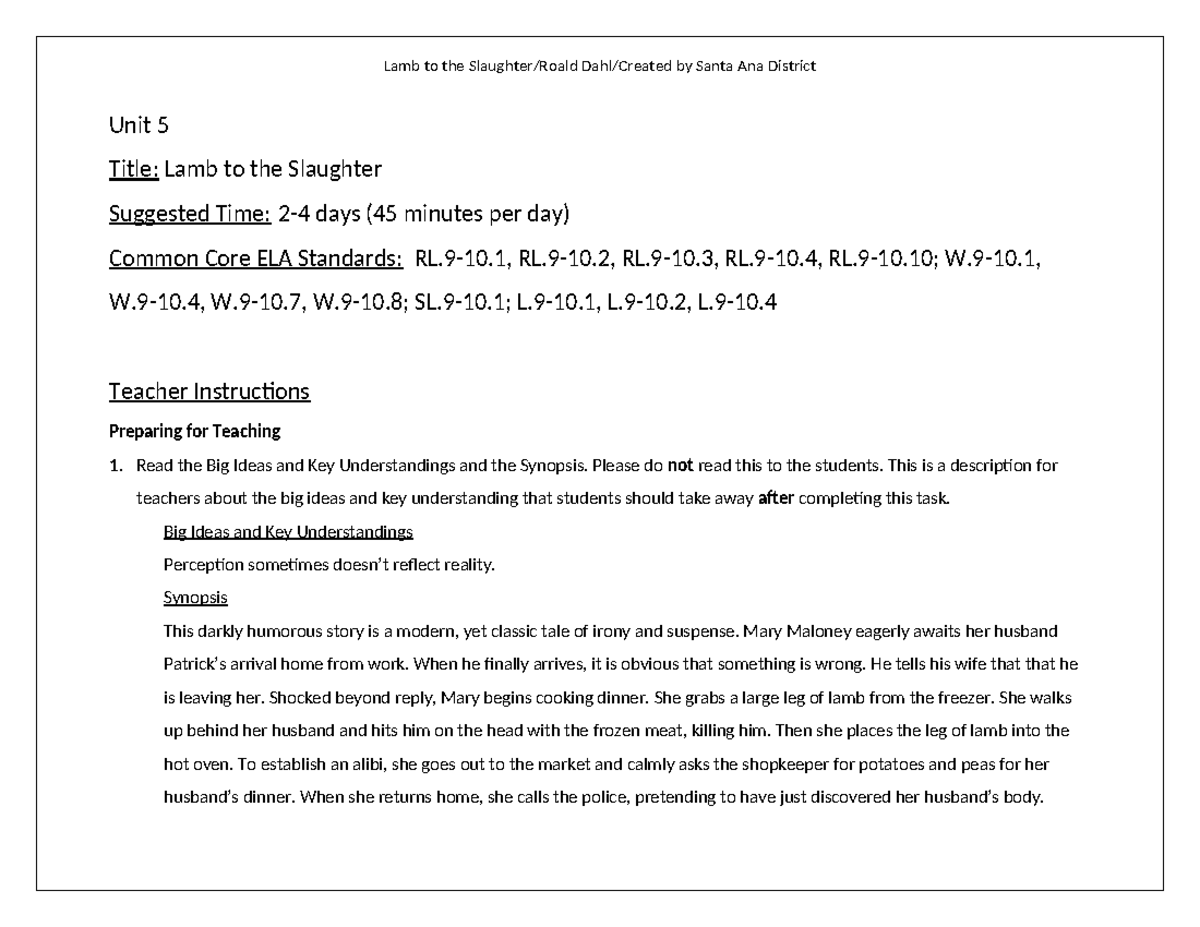 10.Lamb to the Slaughter: Lesson Plan & Teacher Guide - Studocu