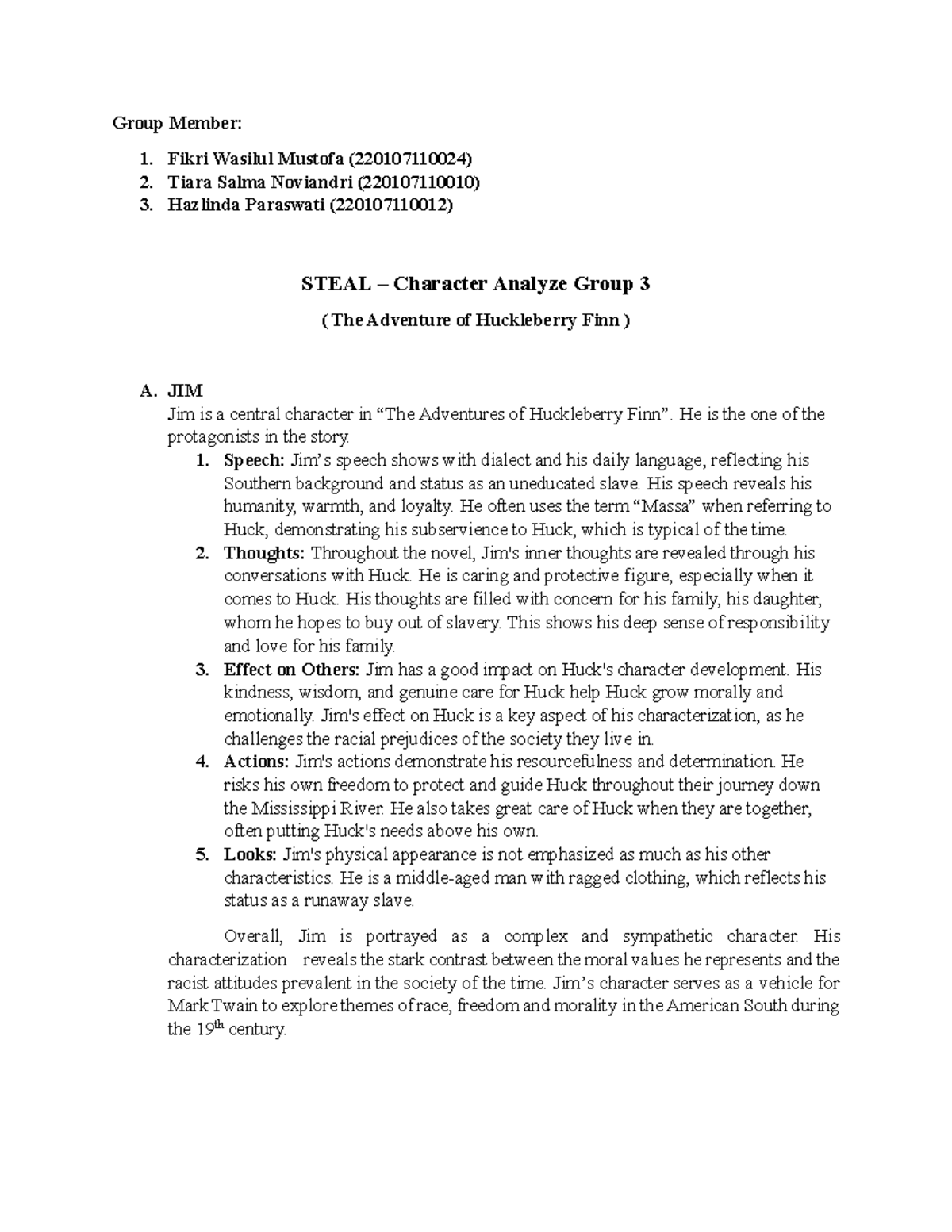 Analysis of Key Characters in The Adventures of Huckleberry Finn (Group ...