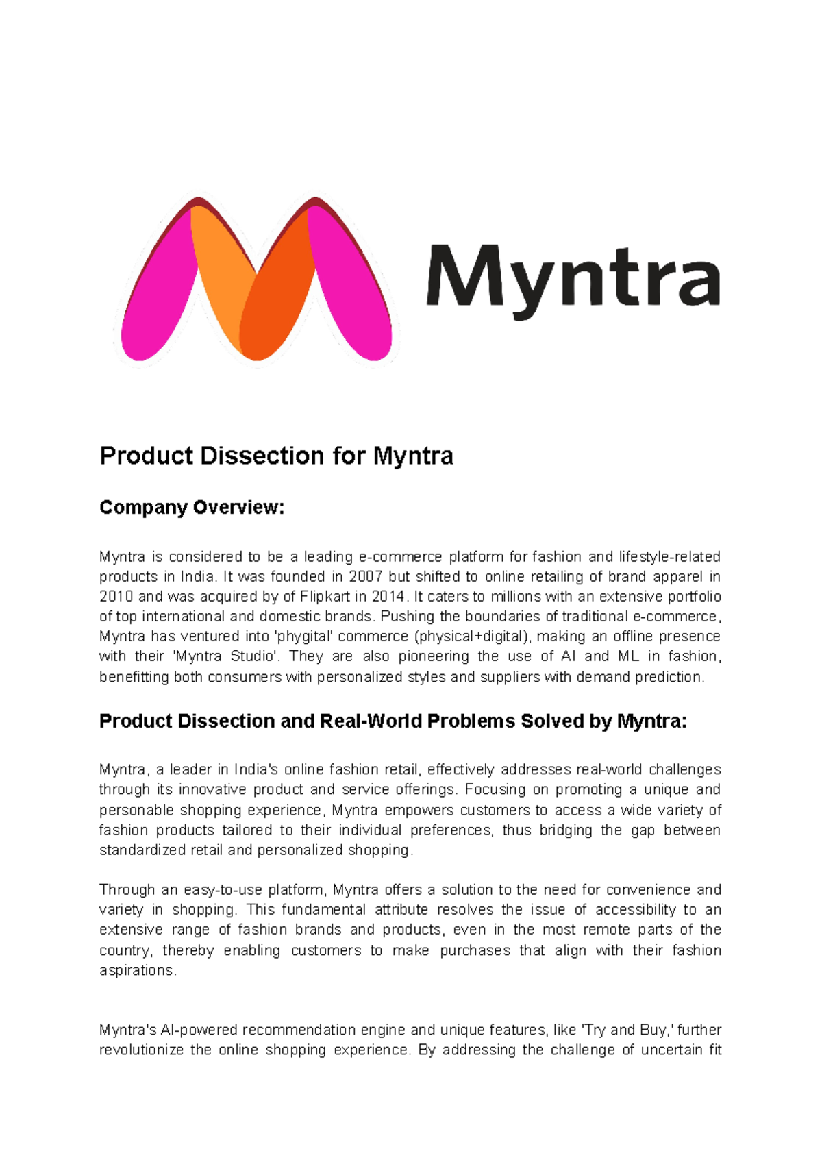 Case Study on Myntra: Innovative Solutions for Fashion E-Commerce - Studocu
