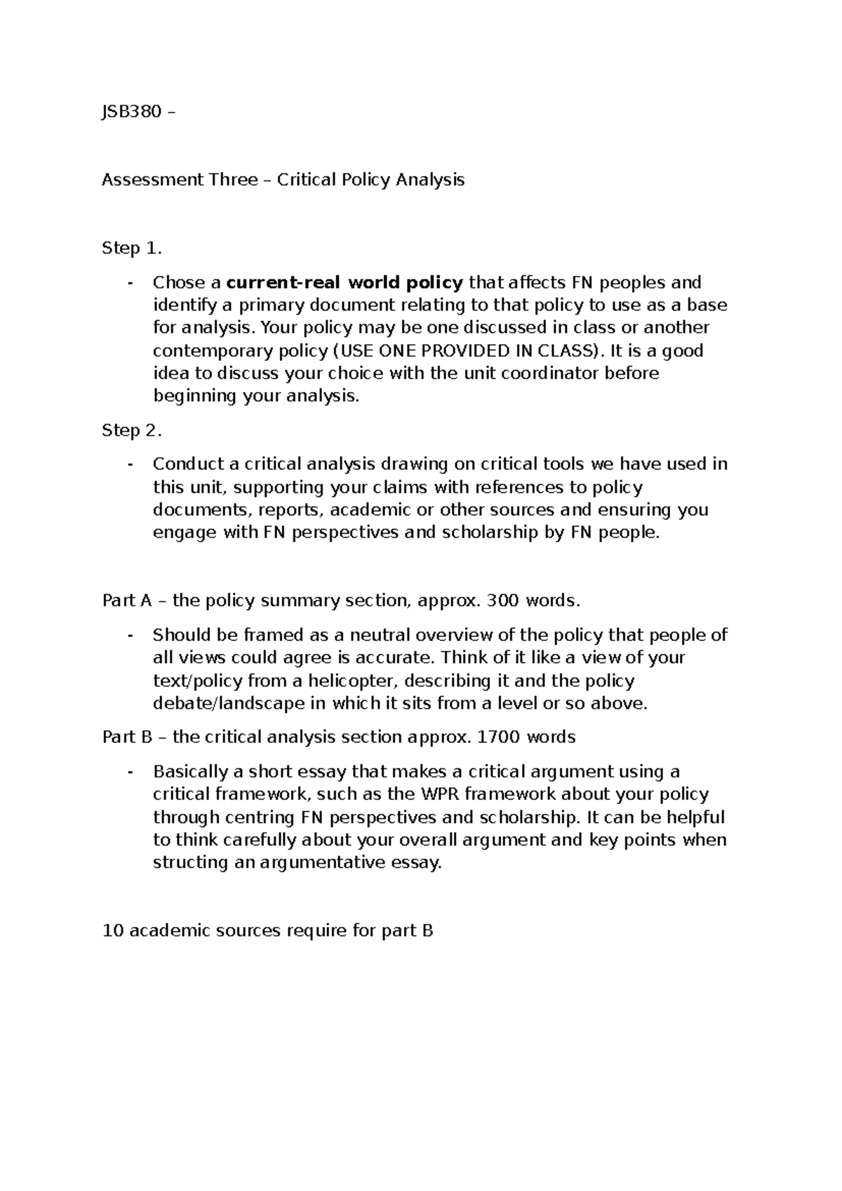 JSB380 - Assessment 3: Critical Policy Analysis of FN Policy Impact ...
