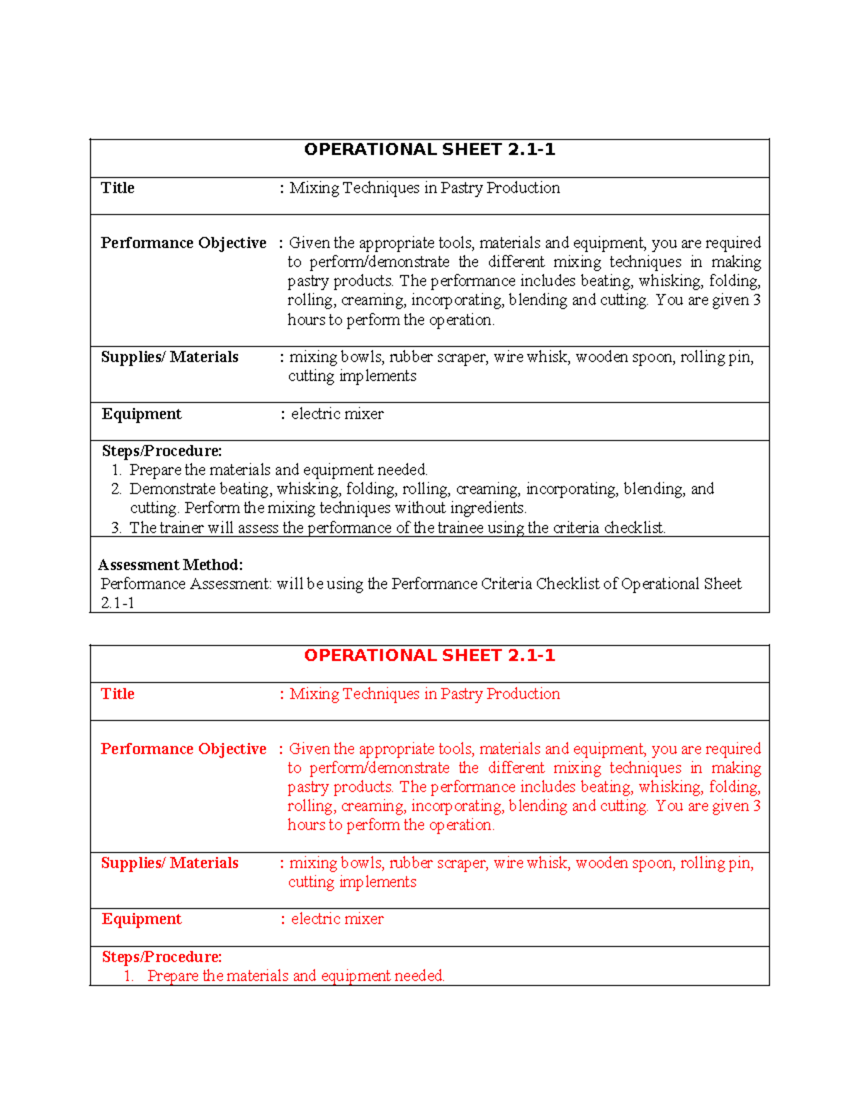 SWBL- Operation- Sheet - OPERATIONAL SHEET 2- Title : Mixing Techniques ...