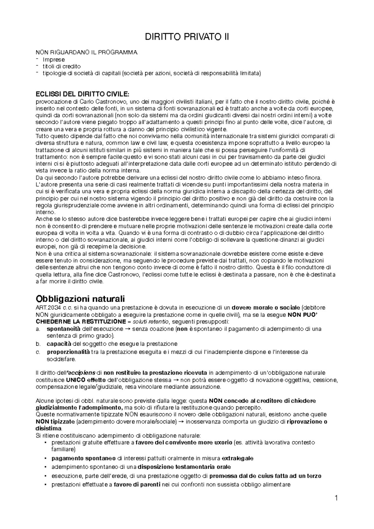 Diritto Privato II: Eclissi del Diritto Civile e Obbligazioni Naturali ...