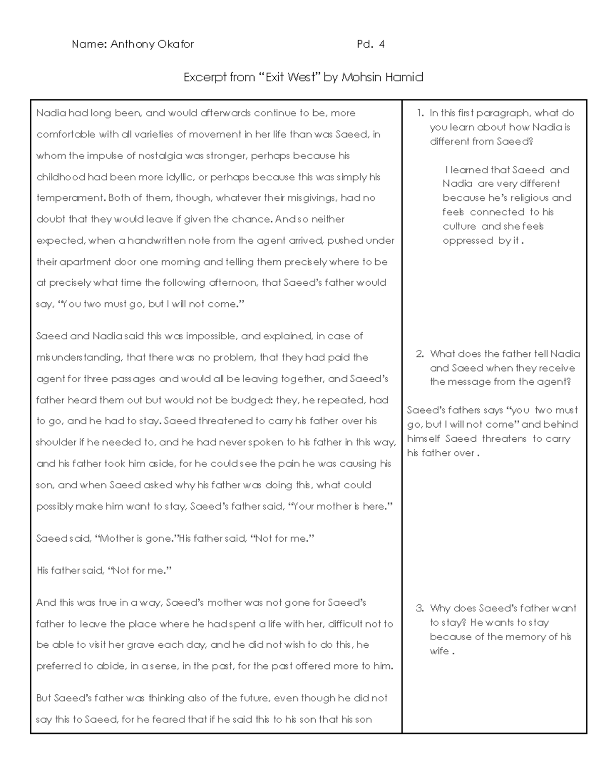 Anthony's Analysis of Exit West Excerpt 1: Themes of Letting Go - Studocu