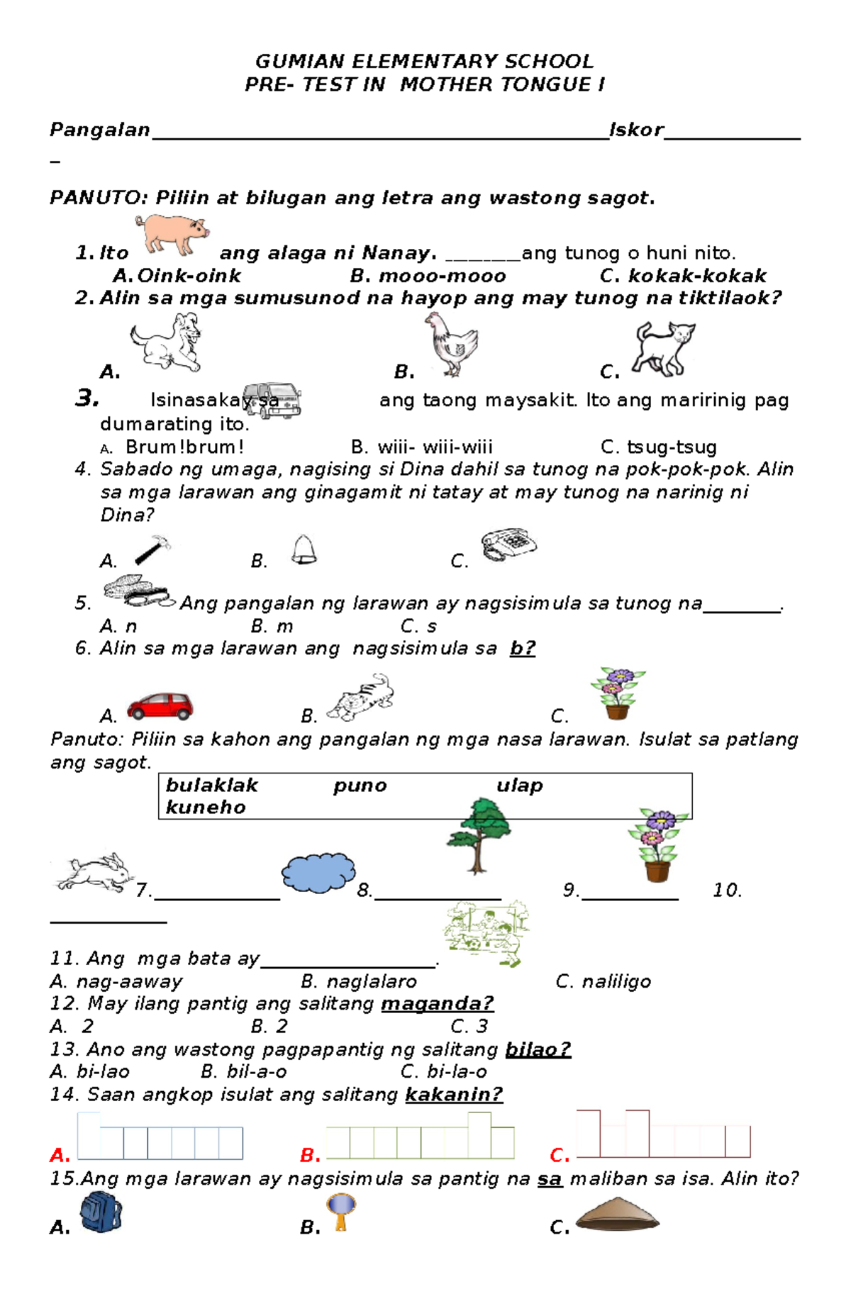 Pre-Test for Grade 1 - Mother Tongue I and Other Subjects - Studocu