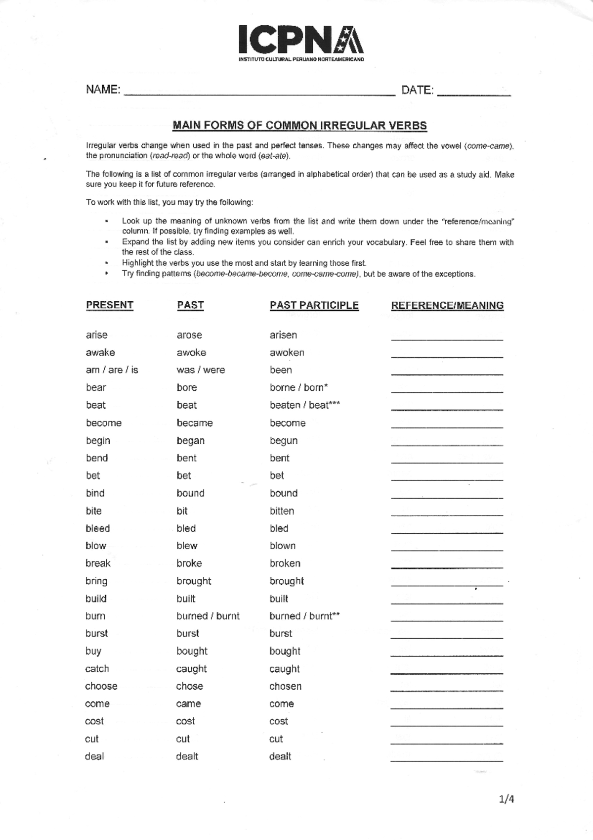 Common Irregular Verbs for ICPNA Class Reference Guide - Studocu
