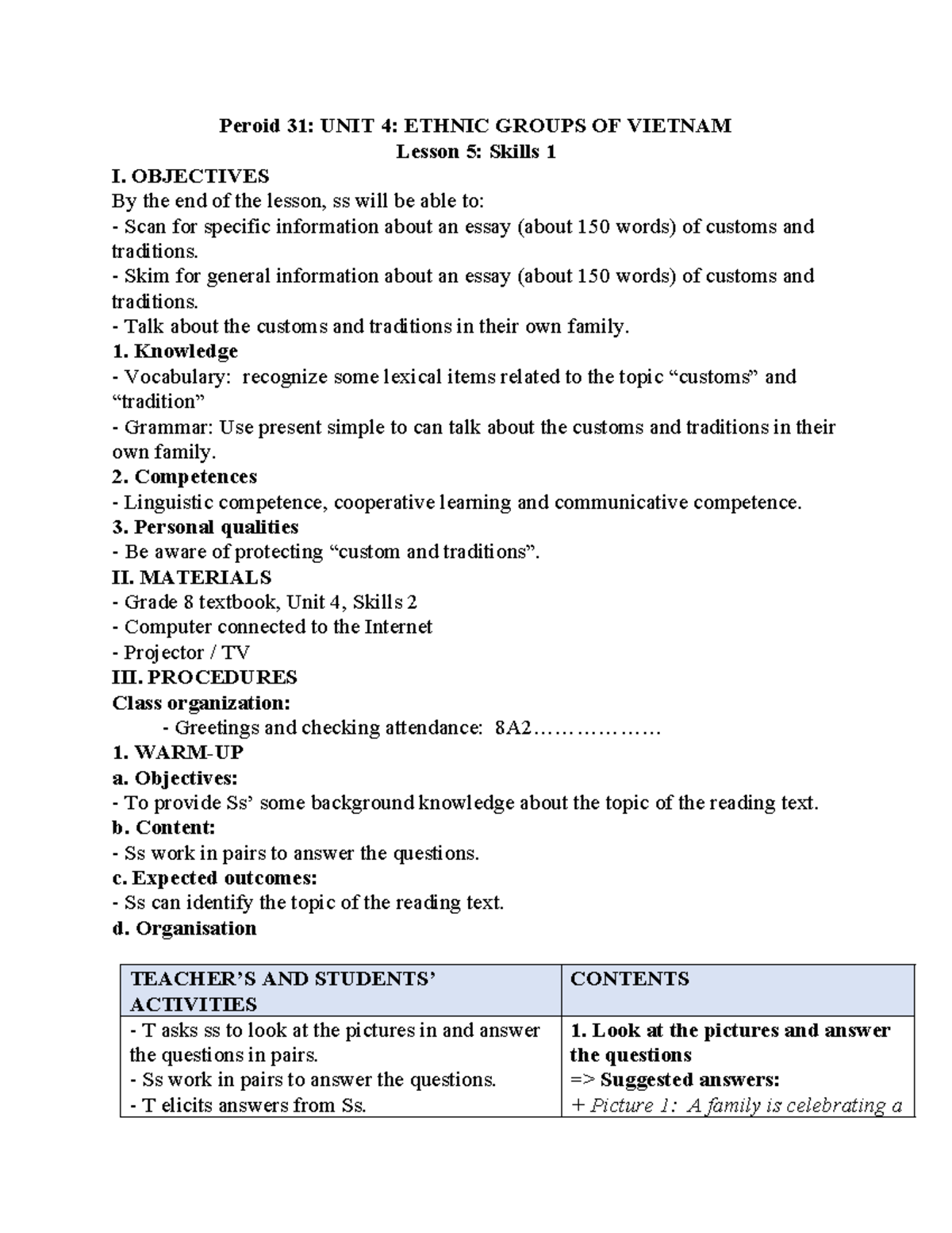 Period 31: UNIT 4: ETHNIC GROUPS OF VIETNAM Lesson 5: Skills 1 Overview ...