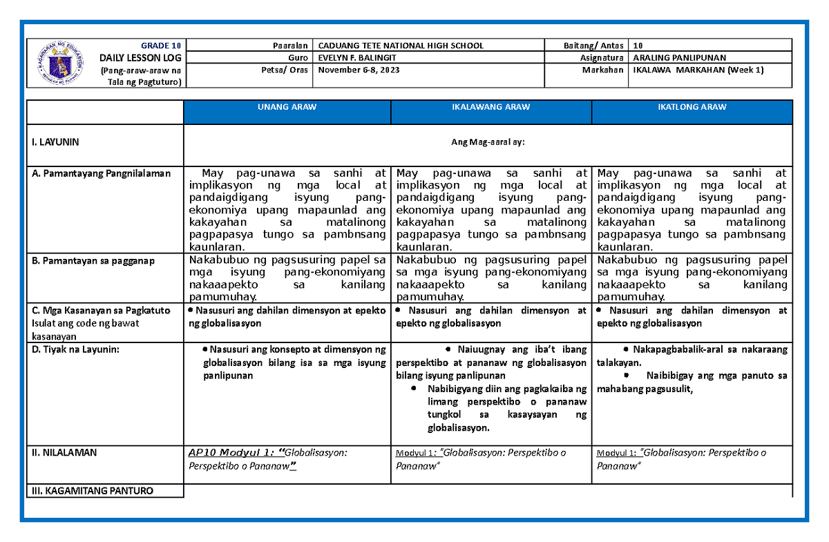 Q2 DLL-AP10-wk1 - Daily Lesson Log sa Araling Panlipunan - Studocu