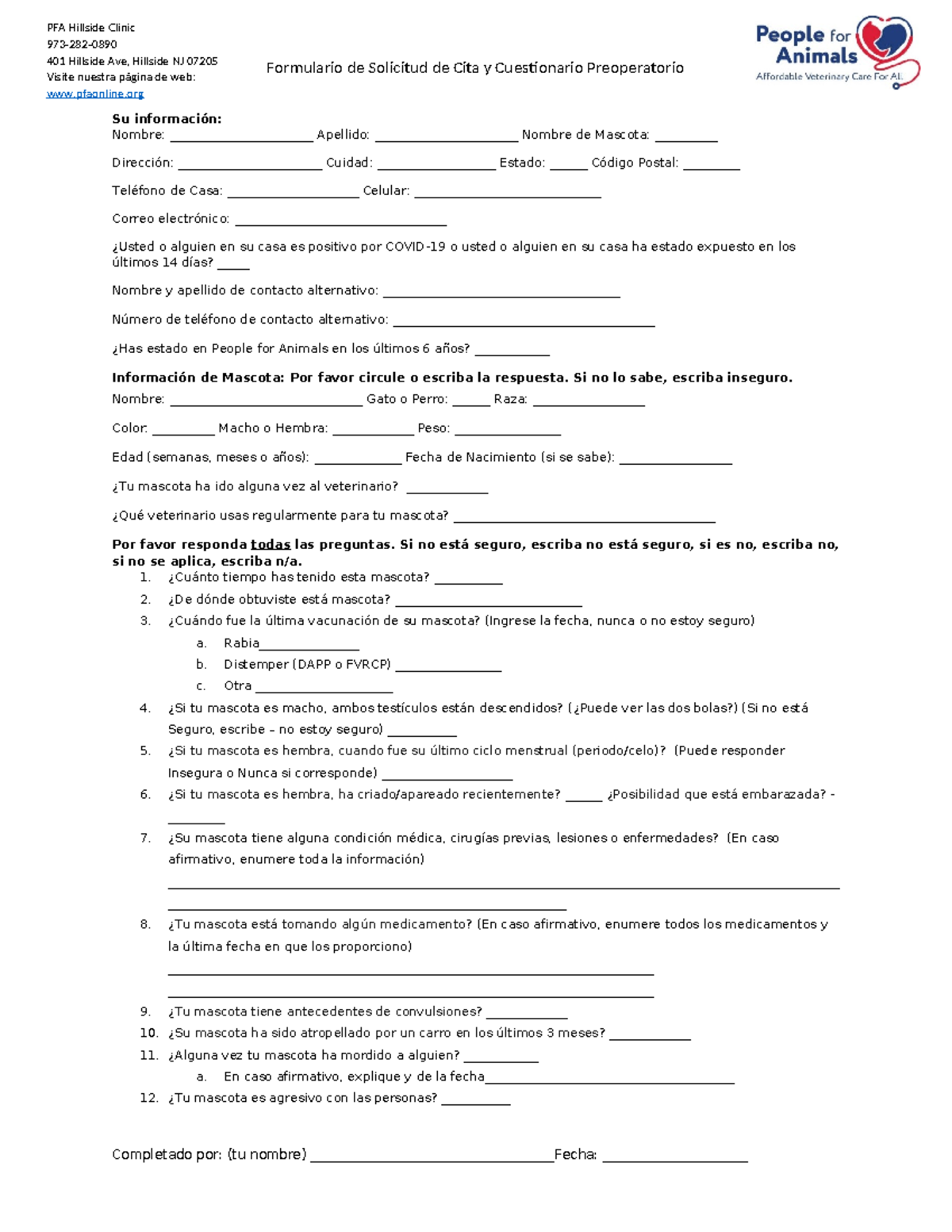 Spanish Appointment Request Form and Preop Questionnaire - Formulario ...