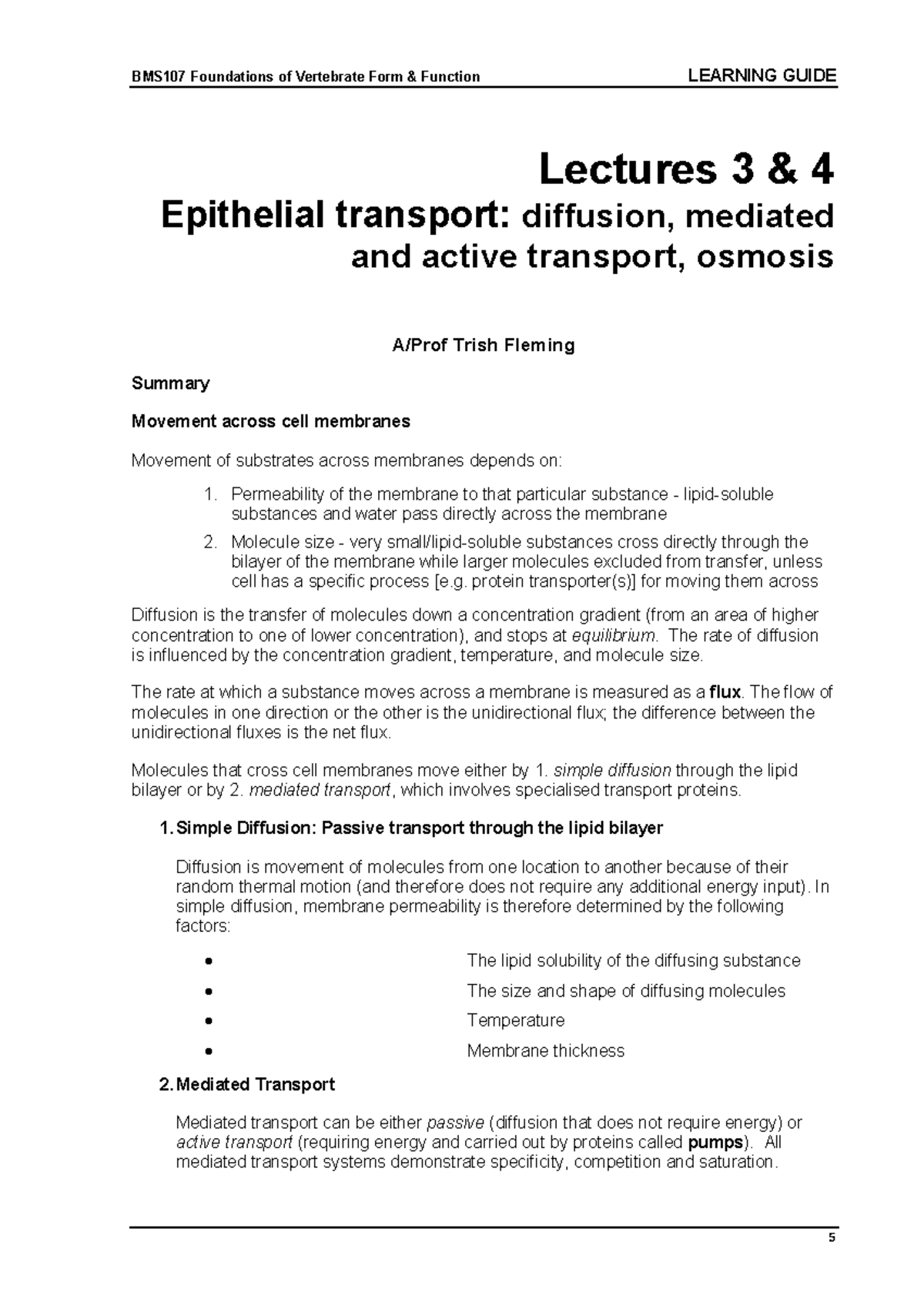 BMS107 Learning Guide: Molecule Movement Across Membranes - Studocu