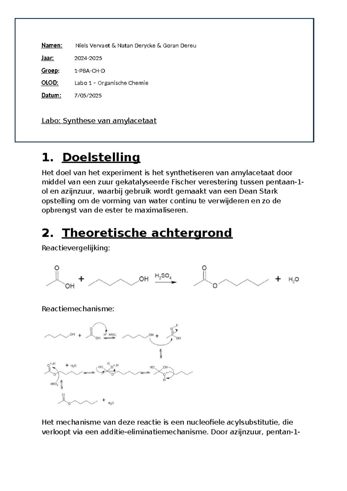 Laboverslag OLOD Labo 1: Synthese van Amylacetaat in Organische Chemie ...
