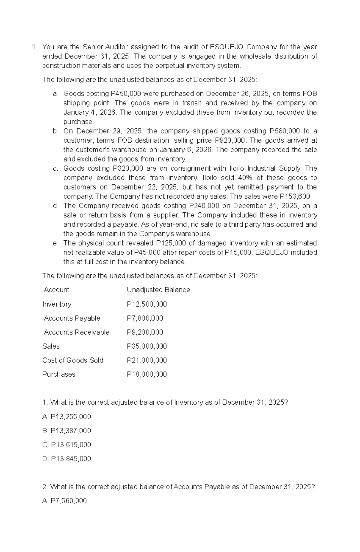 Esquejo Company Audit Case Study - Midterm Exam (ACCT 202) - Studocu