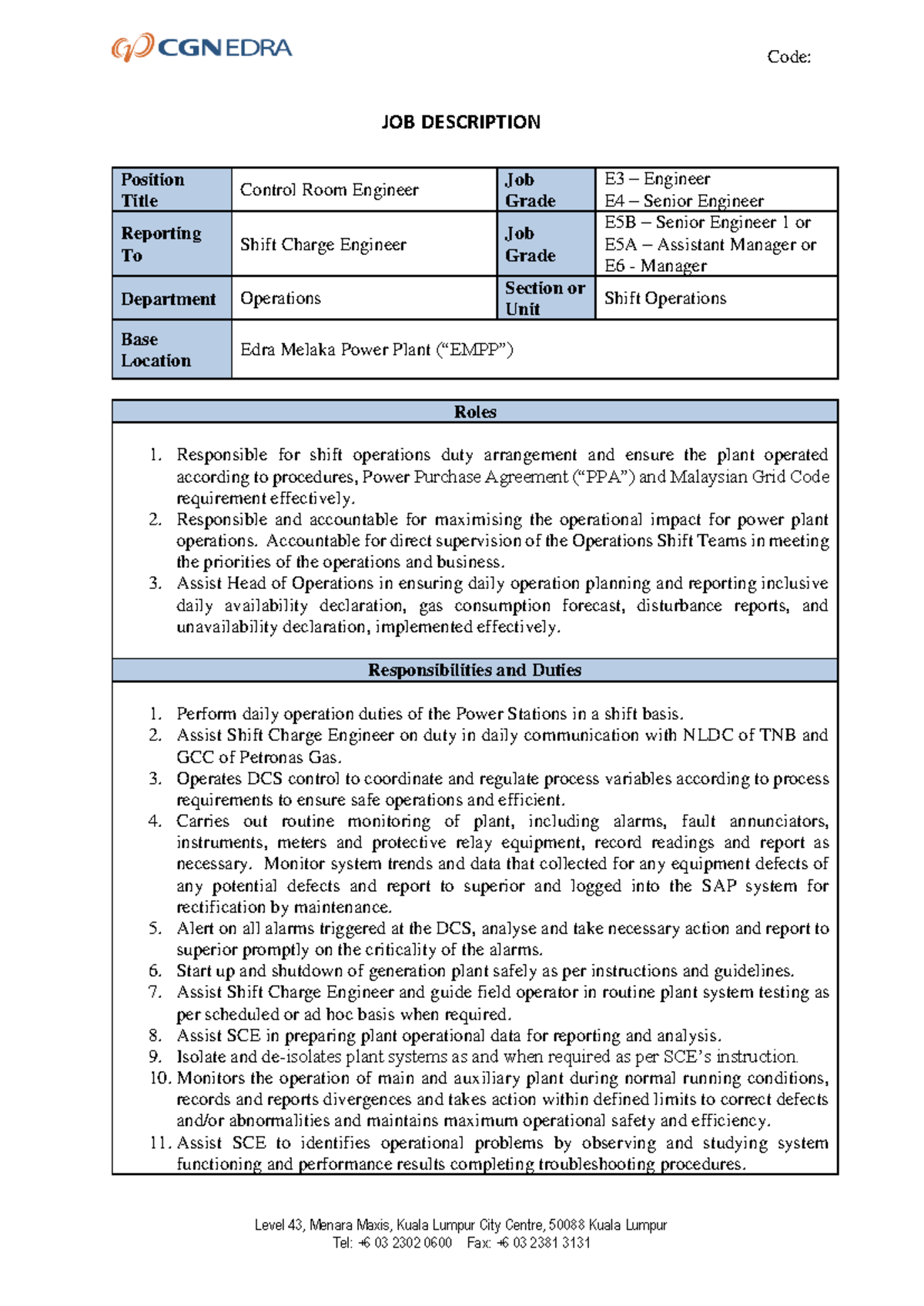 JD-Control Room Engineer Responsibilities and Qualifications Summary ...
